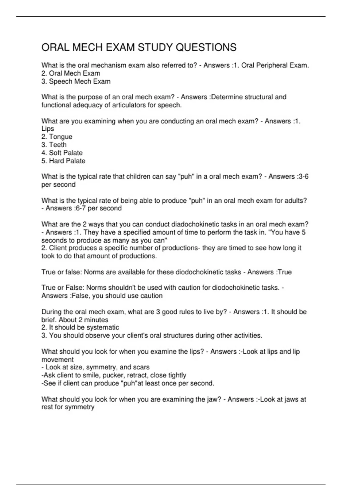 ORAL MECH EXAM STUDY QUESTIONS - ORAL MECH - Stuvia US