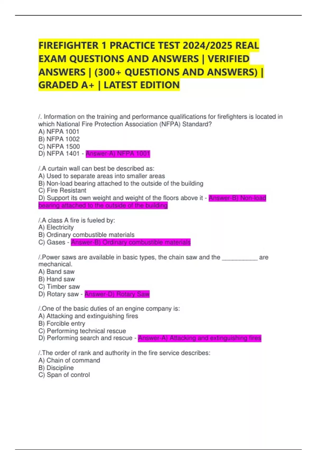 FIREFIGHTER 1 PRACTICE TEST 2024/2025 REAL EXAM QUESTIONS AND ANSWERS ...