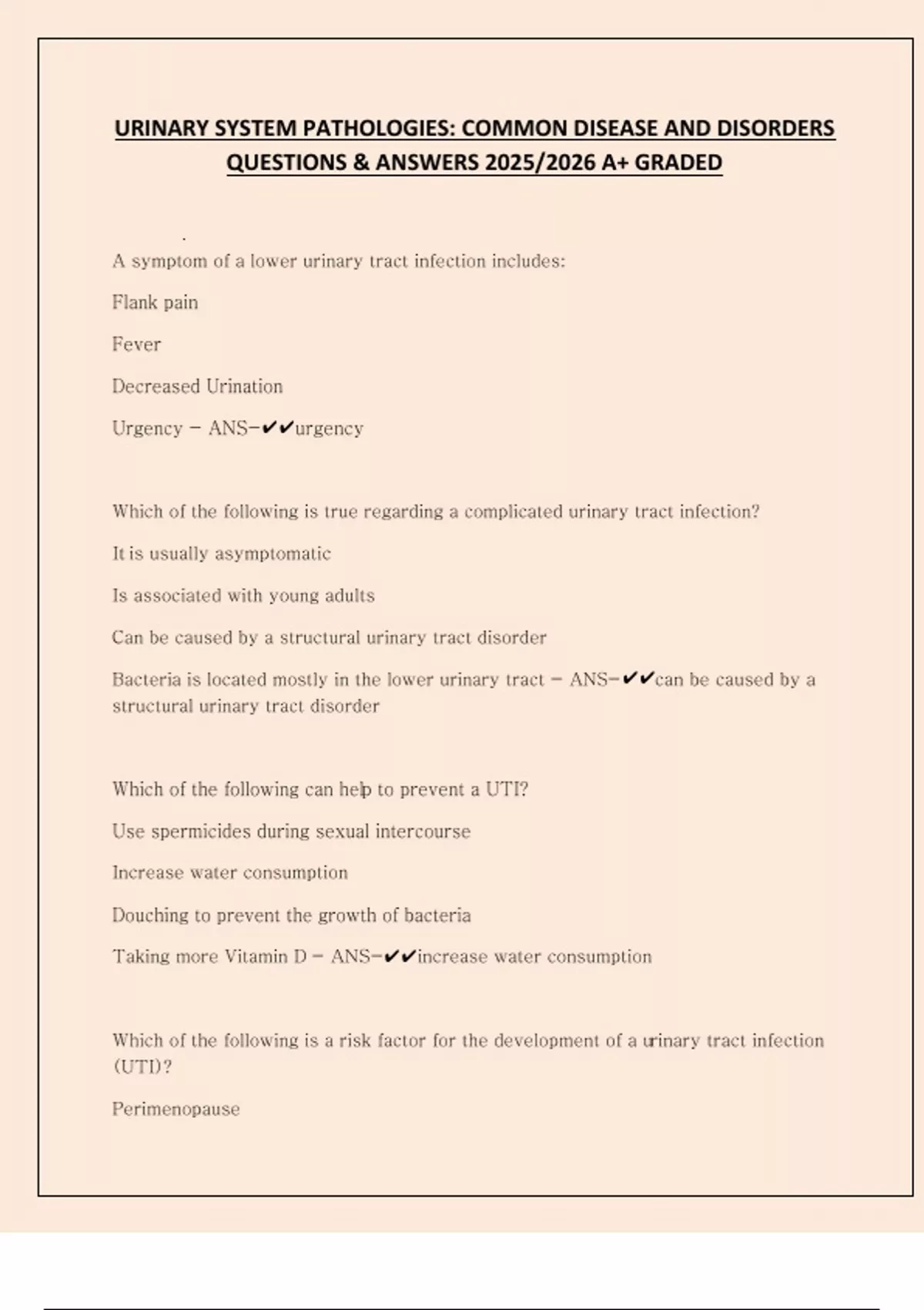 URINARY SYSTEM PATHOLOGIES: COMMON DISEASE AND DISORDERS QUESTIONS ...