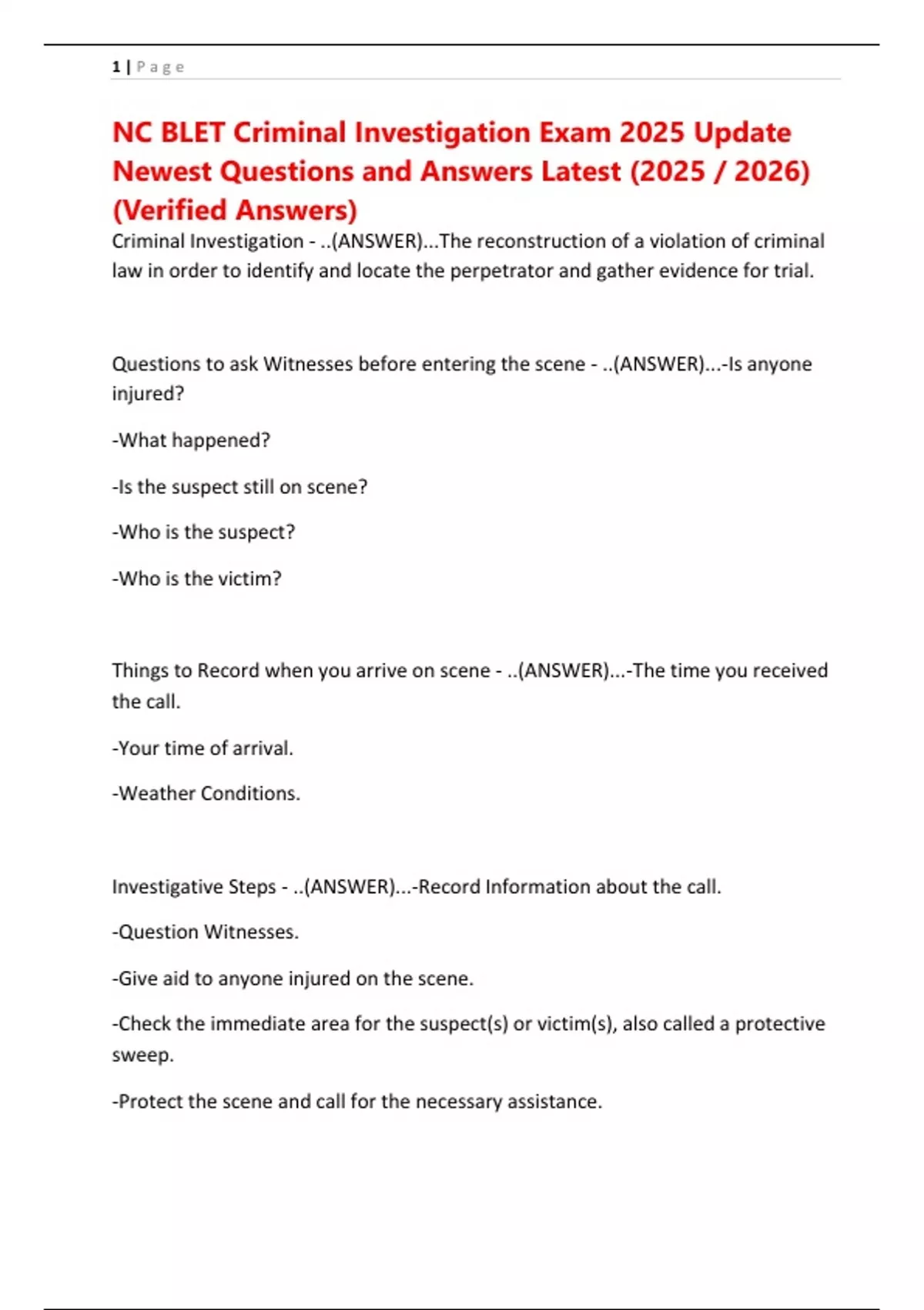 NC BLET Criminal Investigation Exam 2025 Update Newest Questions and ...