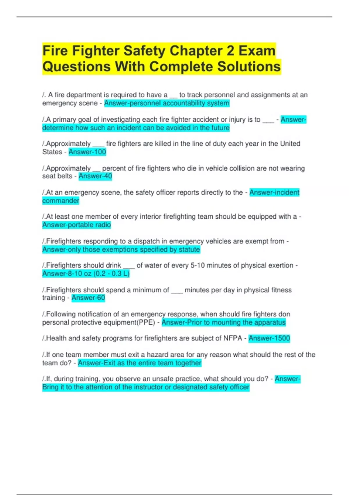 Fire Fighter Safety Chapter 2 Exam Questions With Complete Solutions ...