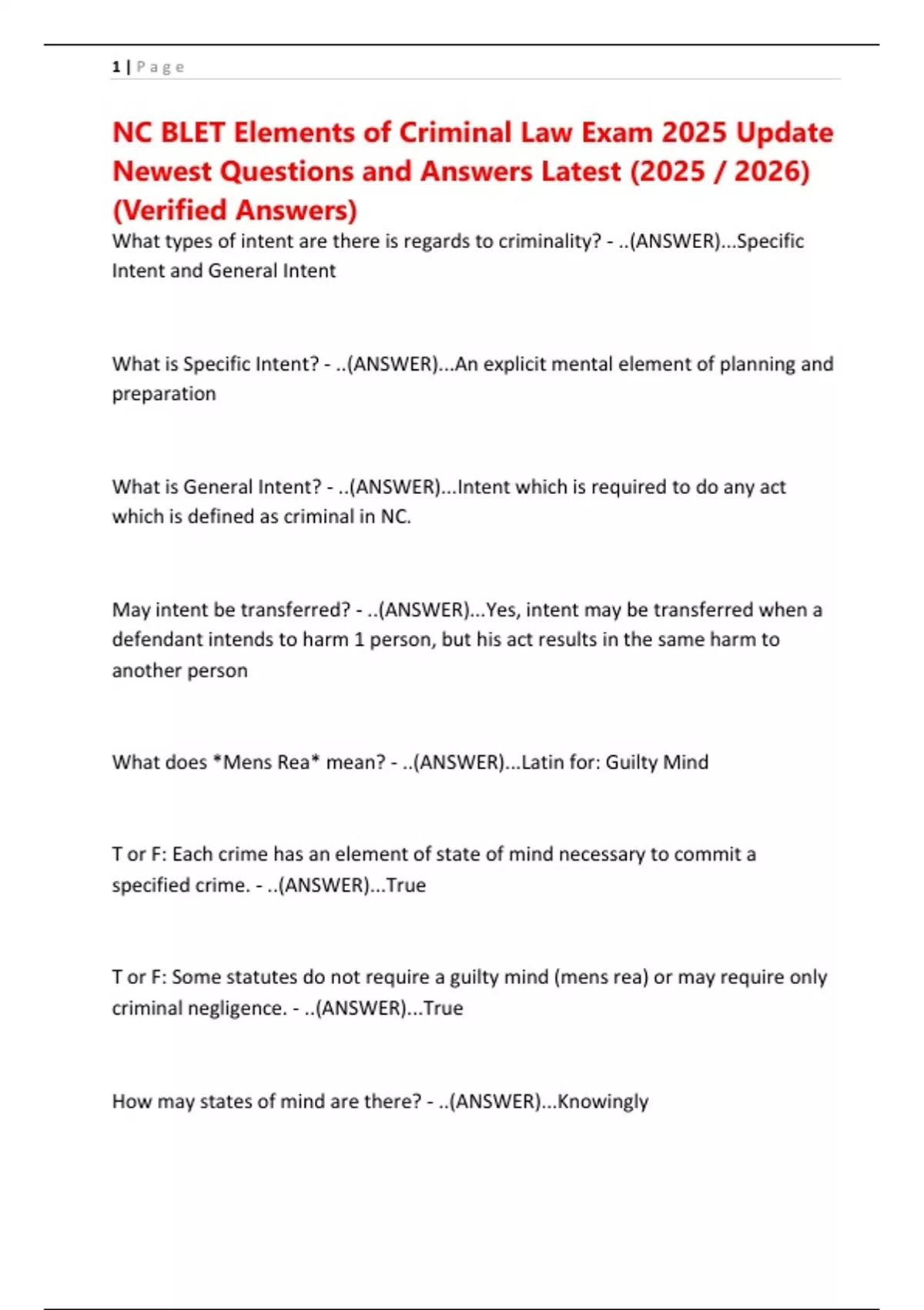 NC BLET Elements of Criminal Law Exam 2025 Update Newest Questions and ...