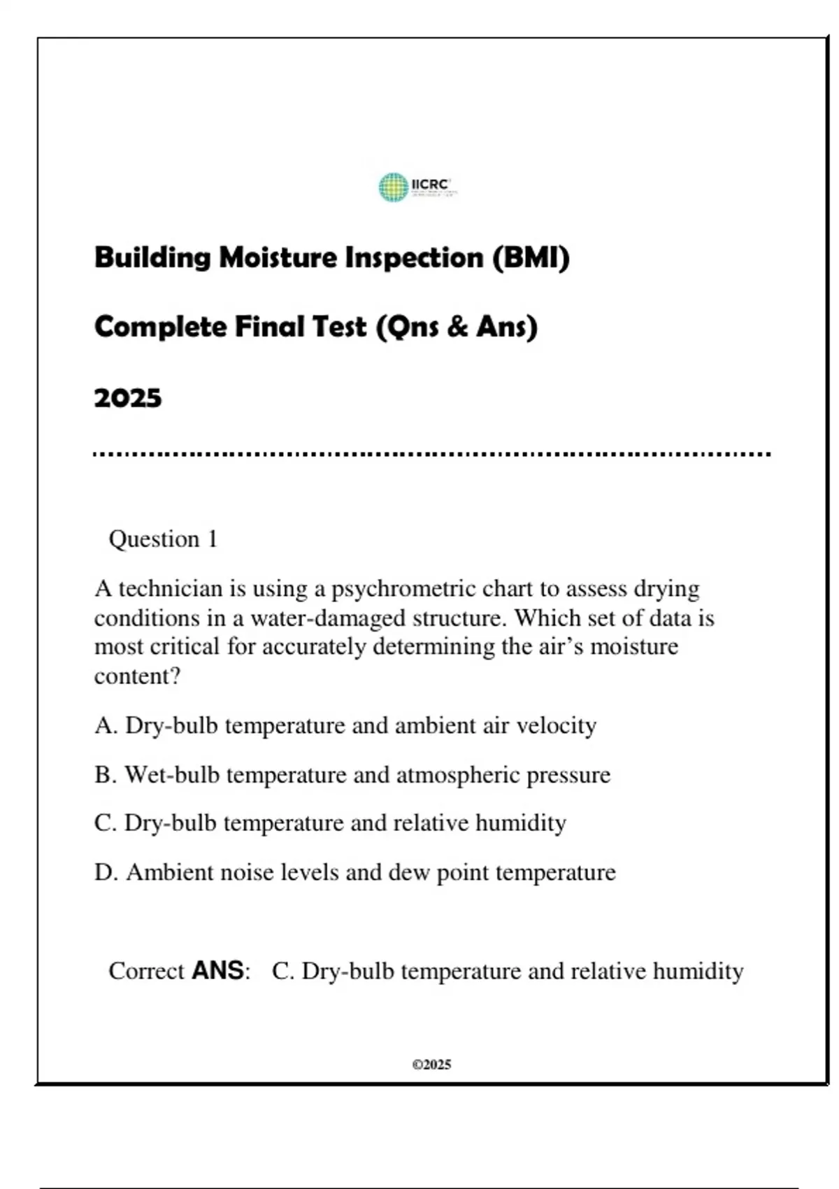 IICRC BMI Complete Final Test 2025 (Qns & Ans - IICRC - Stuvia US