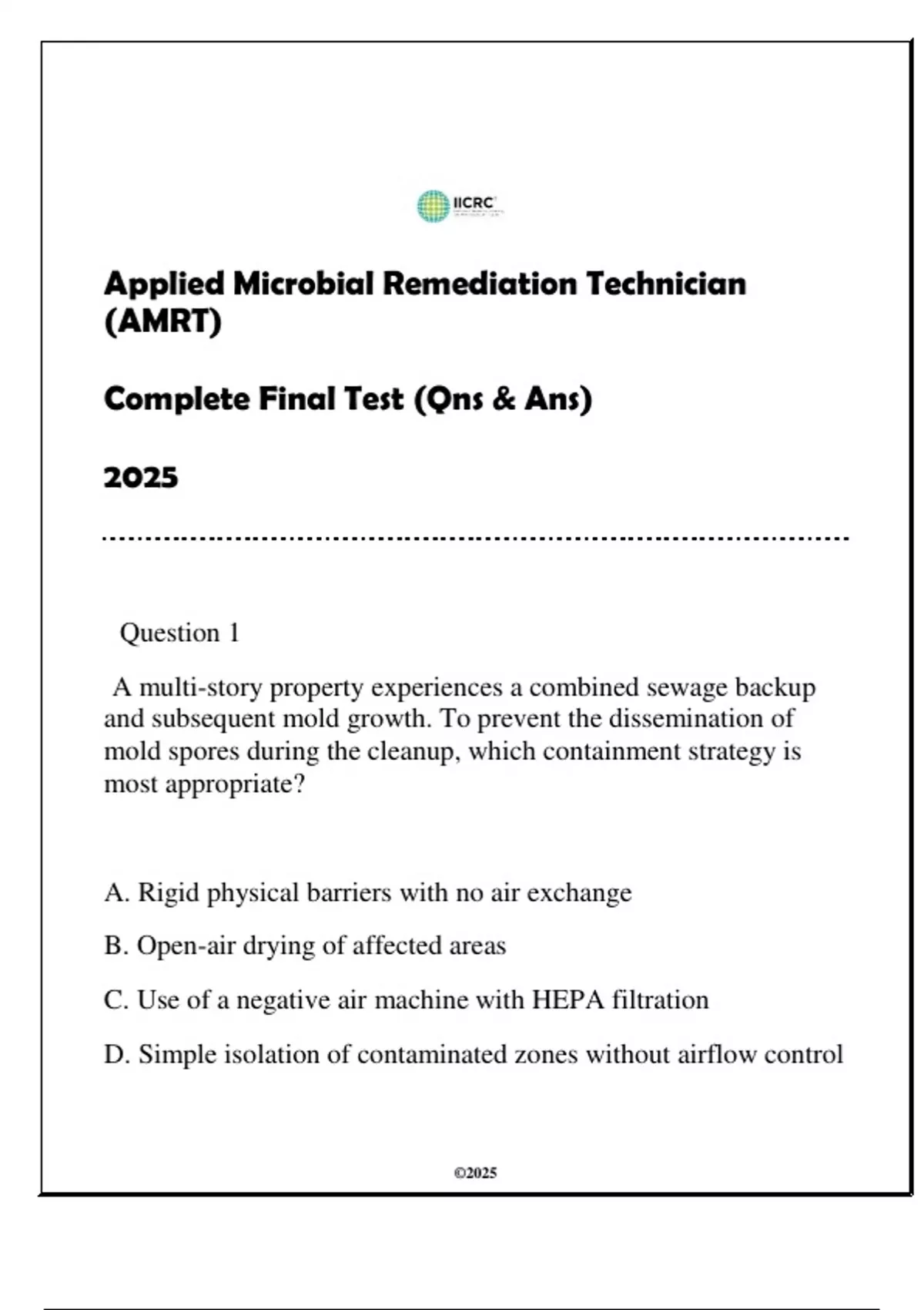IICRC AMRT Complete Final Test 2025 (Qns & Ans - IICRC - Stuvia US