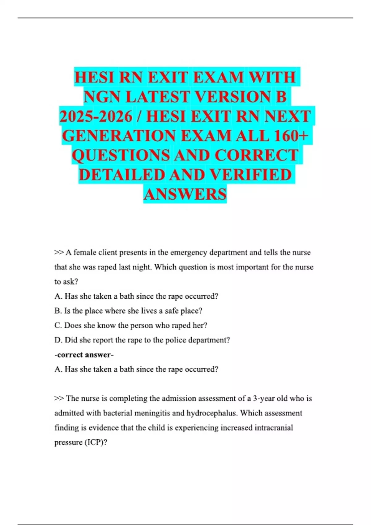 HESI RN EXIT EXAM WITH NGN LATEST VERSION B / HESI EXIT RN NEXT ...