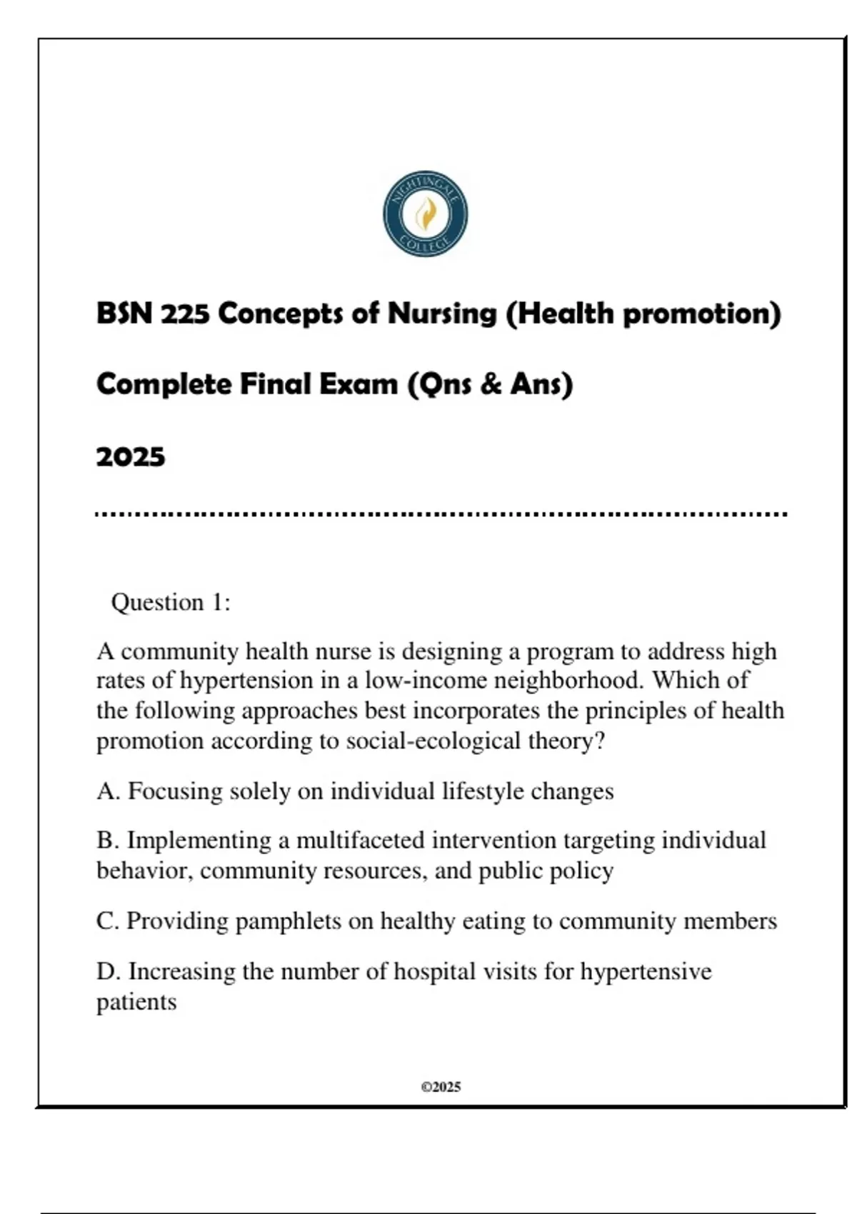 BSN 225 Health Promotion Complete Final Exam 2025 (With Solns ...