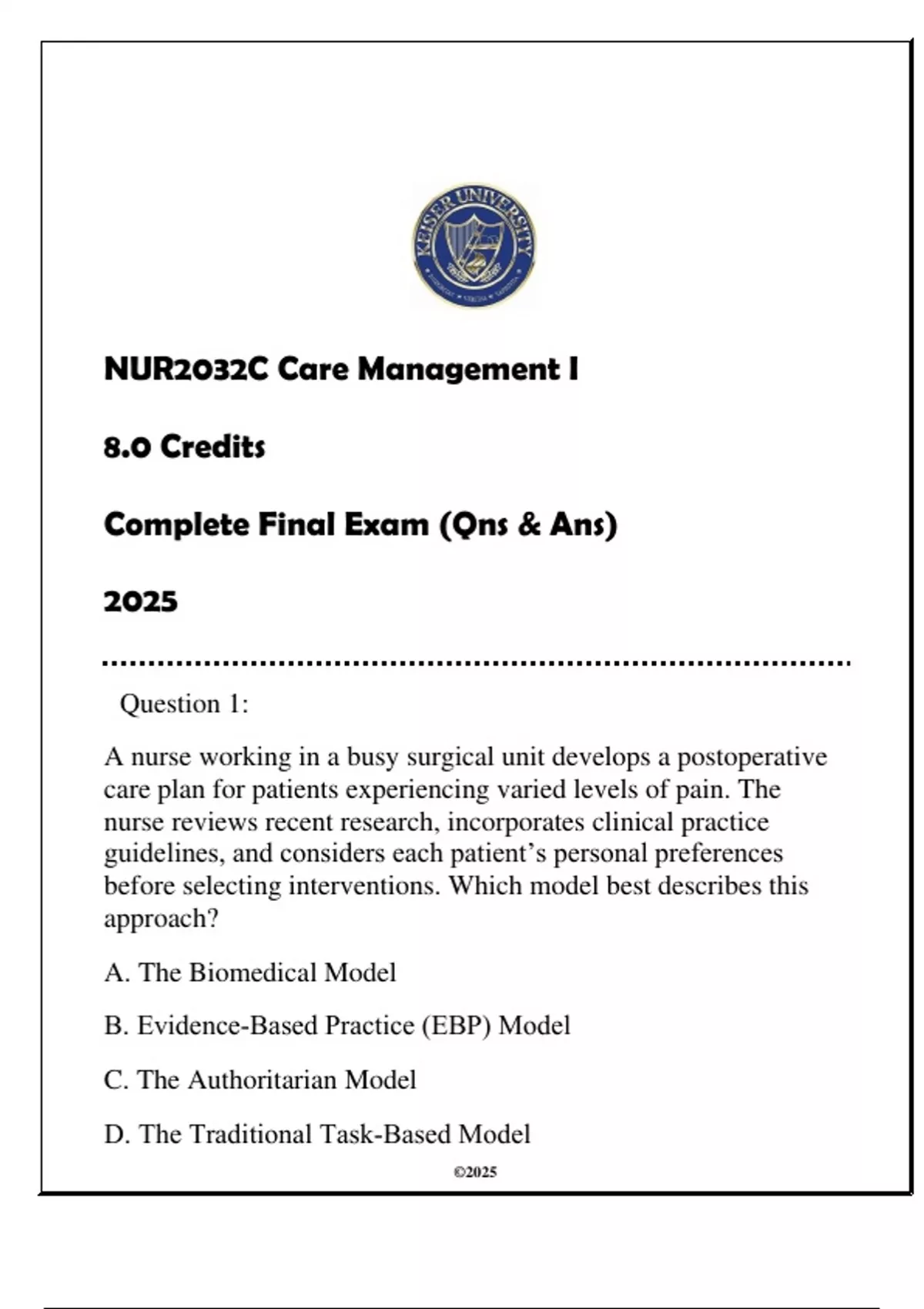 NUR2032C Care Mgt I Complete Final Exam 2025 (With Solns - Advanced ...