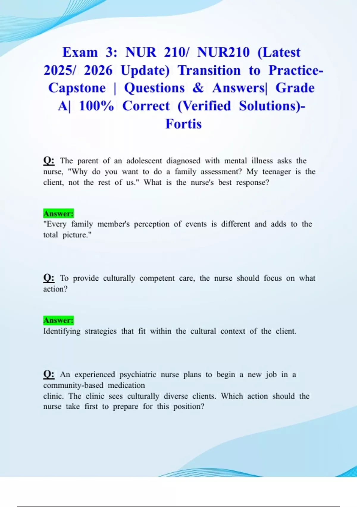 Exam 3: NUR 210/ NUR210 (Latest 2025/ 2026 Update) Transition to ...