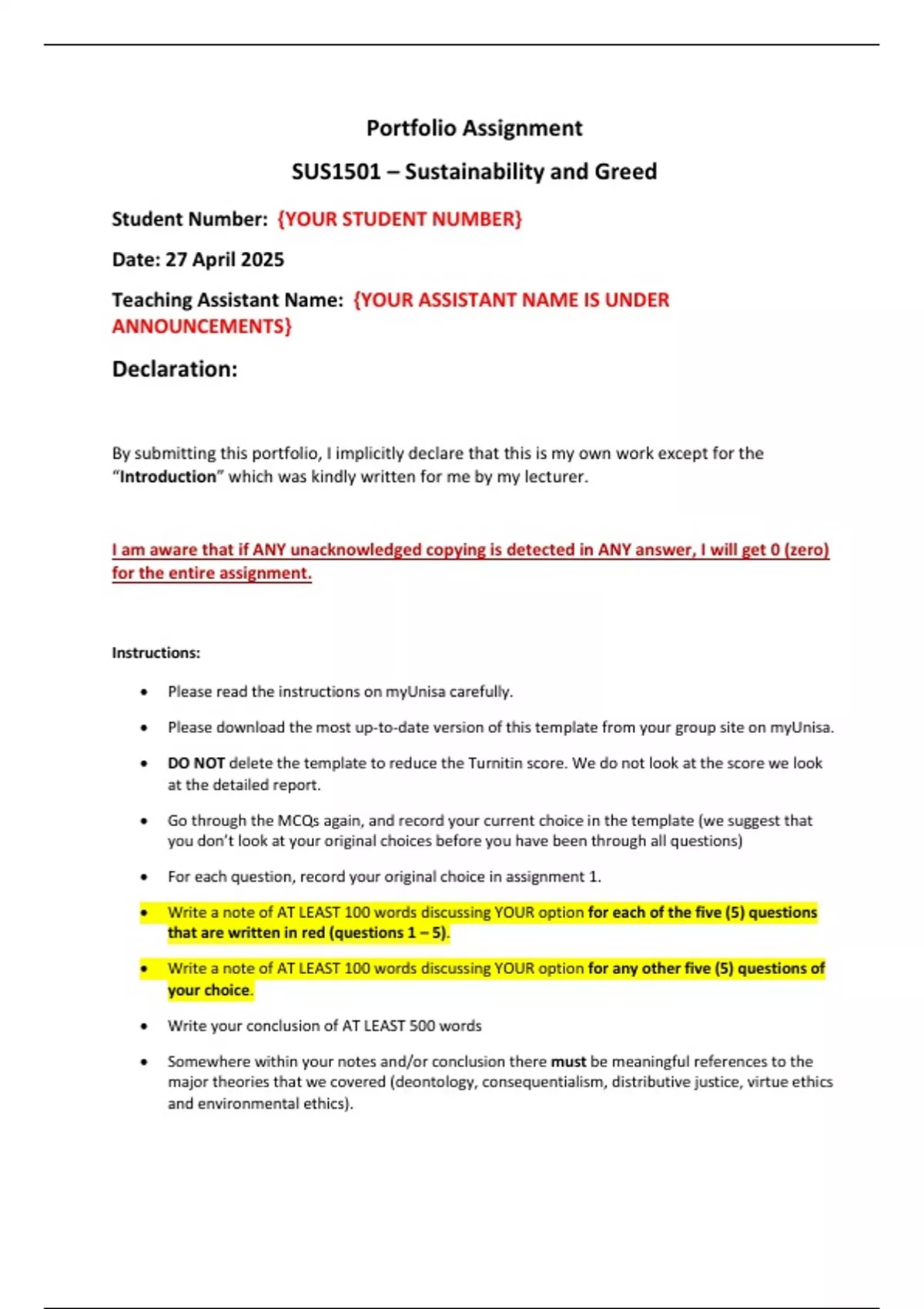SUS1501 ASSIGNMENT 8 PORTFOLIO - 2025 - Sustainability and Greed ...