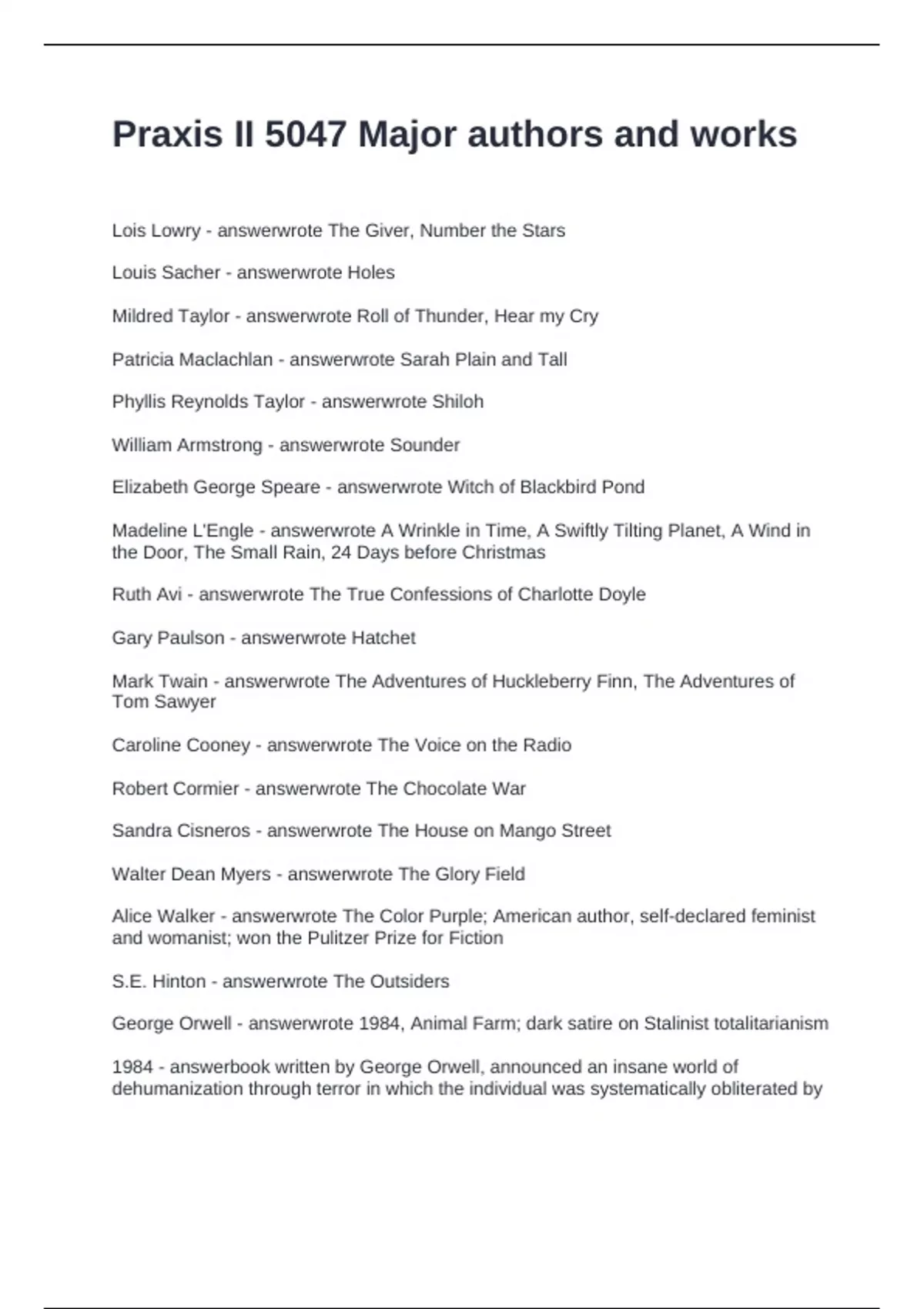 Praxis II 5047 Major authors and works Questions and Answers 100% ...