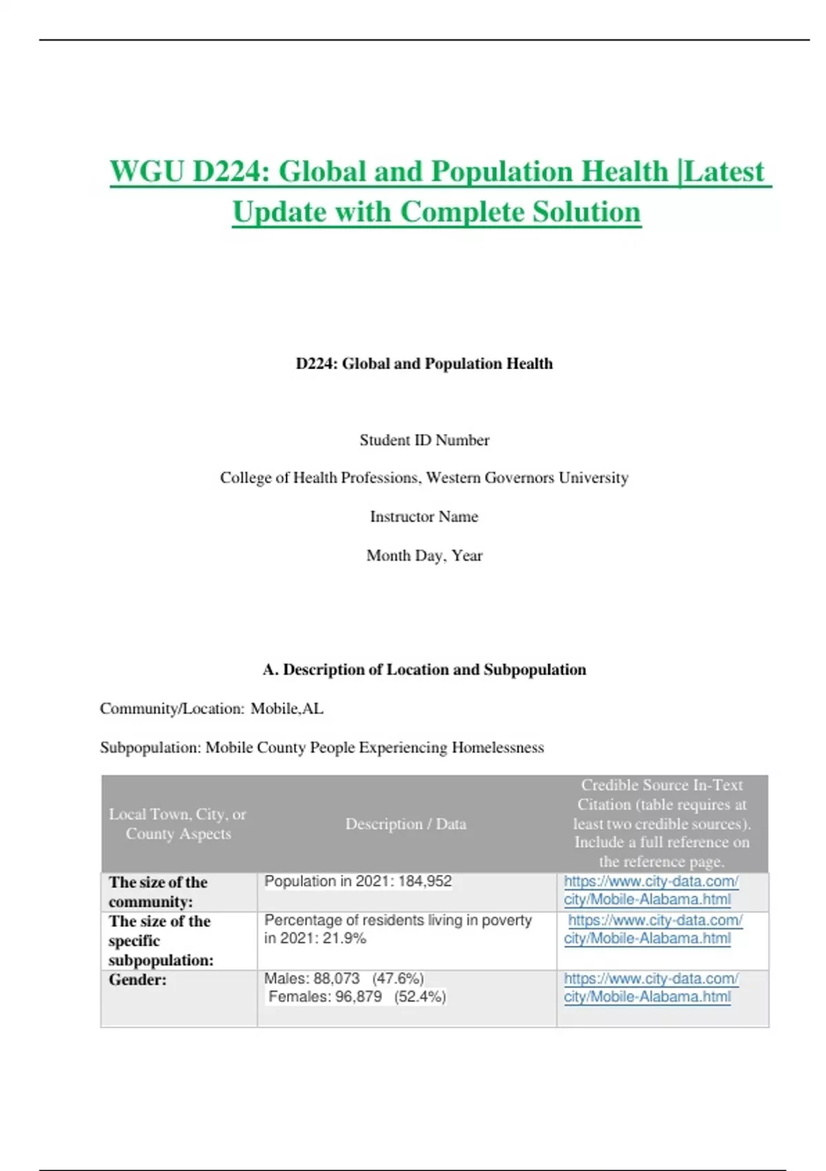 WGU D224: Global and Population Health |Latest Update with Complete ...