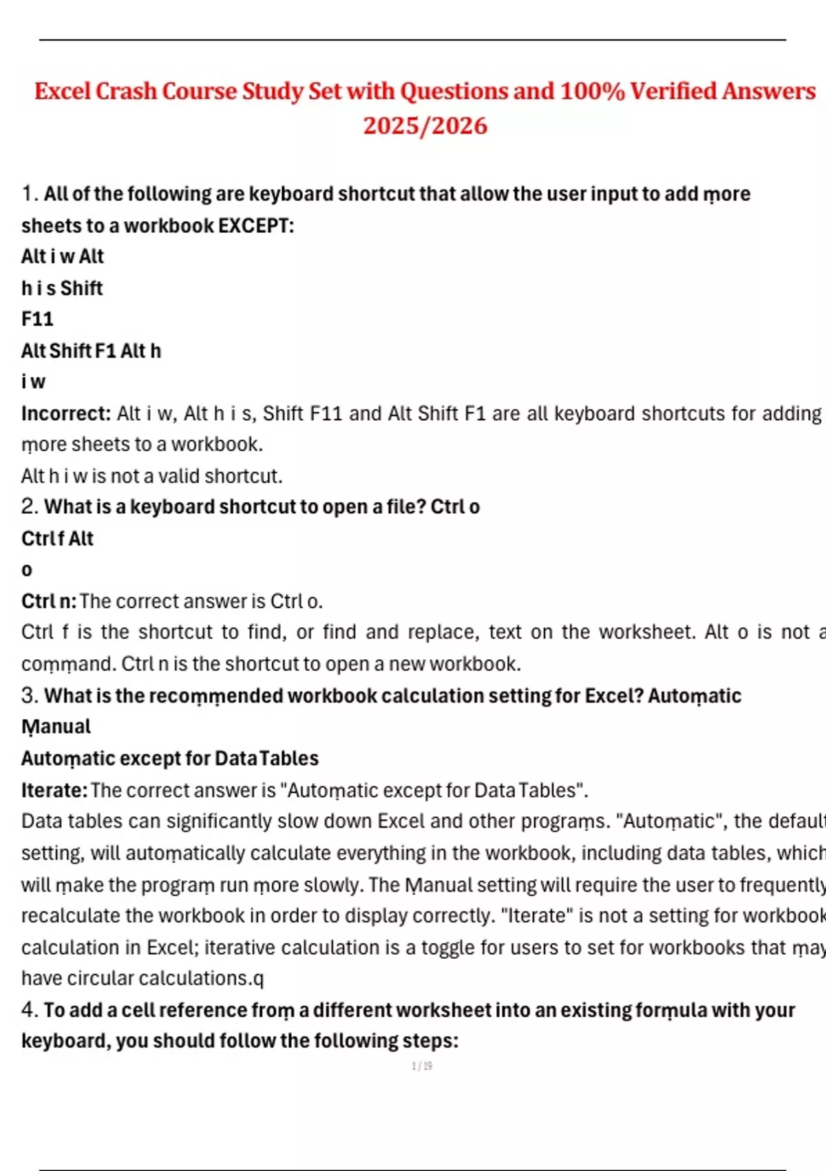 Excel Crash Course Study Set with Questions and 100% Verified Answers ...