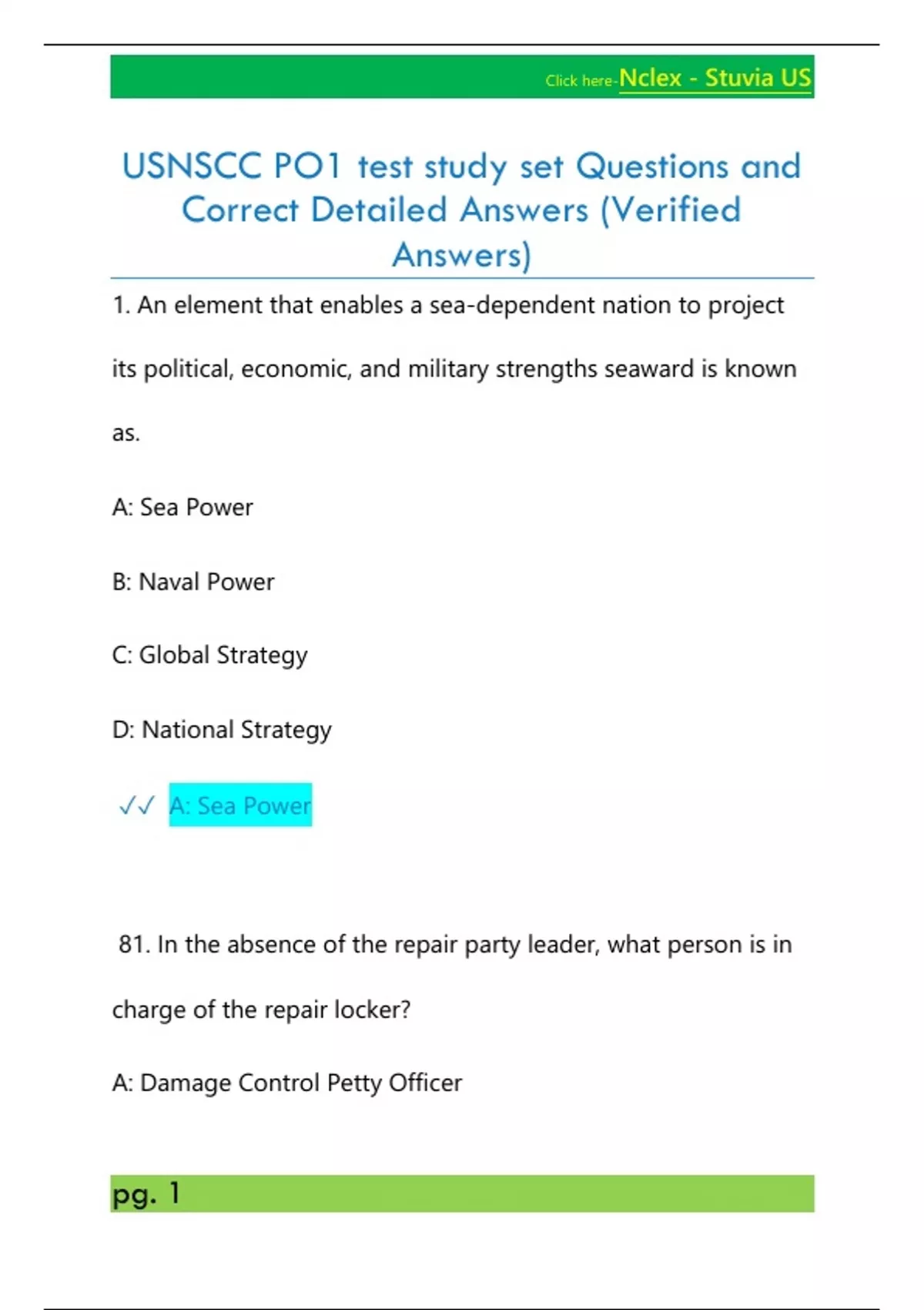 USNSCC PO1 test study set Questions and Correct Detailed Answers ...
