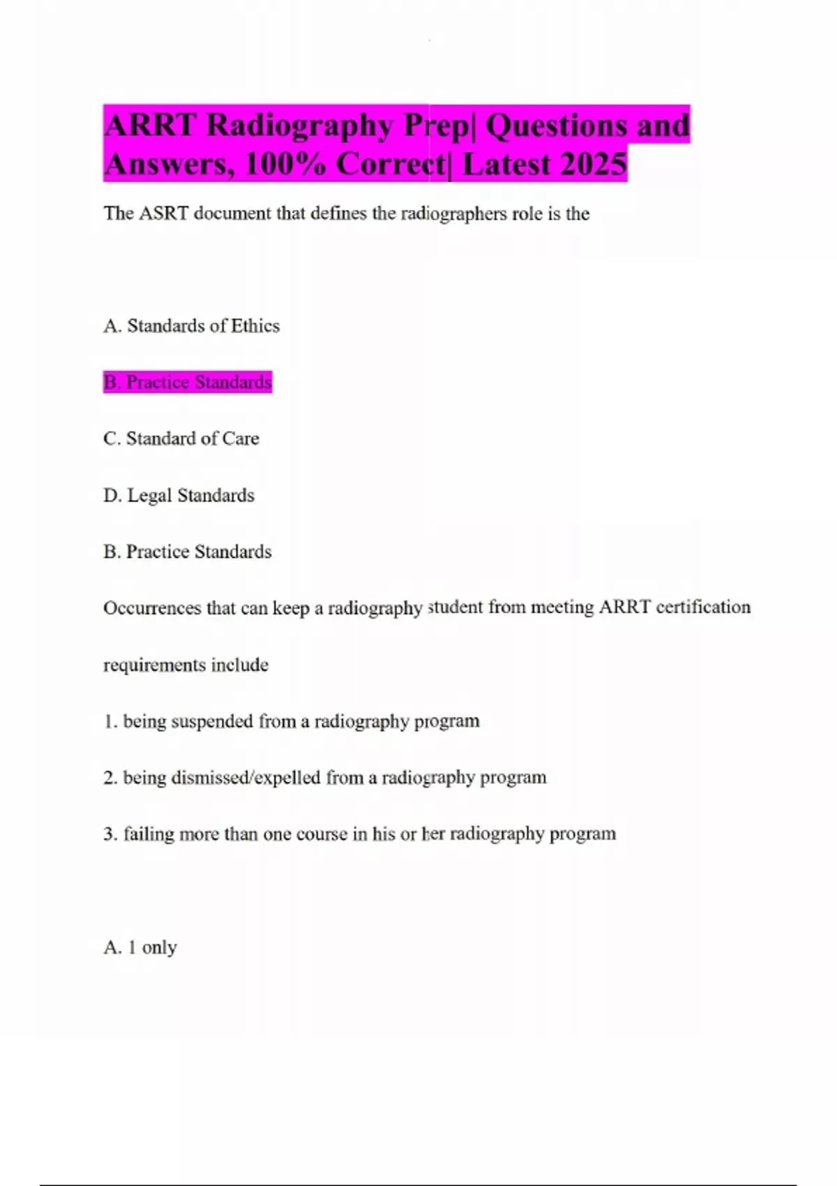 ARRT Radiography Prep| Questions and Answers, 100% Correct| Latest 2025 ...