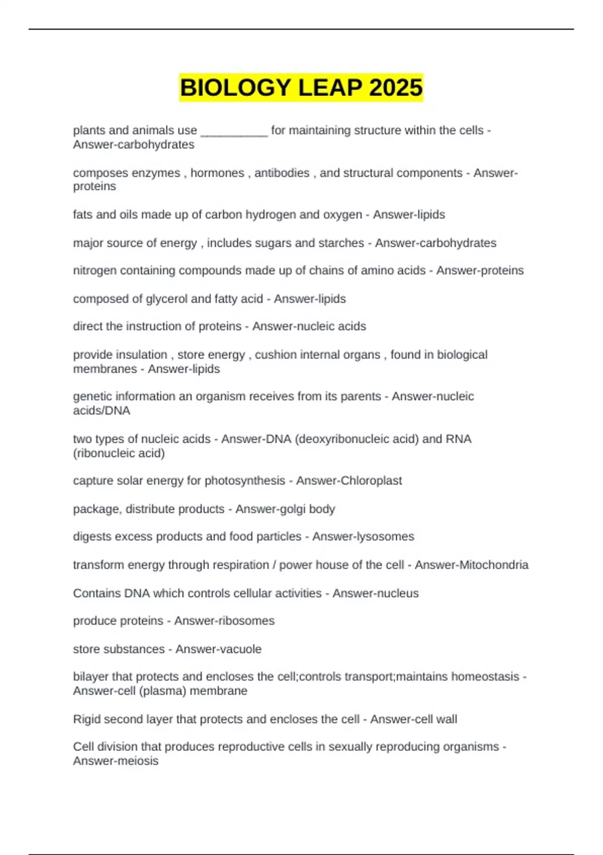 BIOLOGY LEAP 2025 EXAM QUESTIONS WITH CORRECT ANSWERS - BIOLOGY LEAP 2025 - Stuvia US