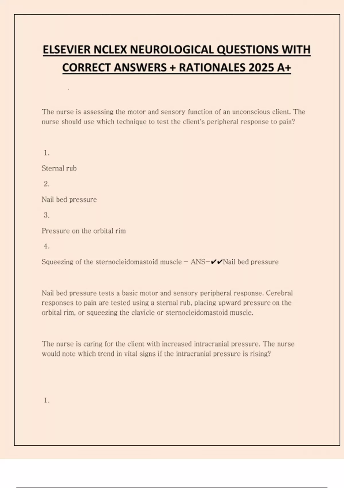 ELSEVIER NCLEX NEUROLOGICAL QUESTIONS WITH CORRECT ANSWERS + RATIONALES ...