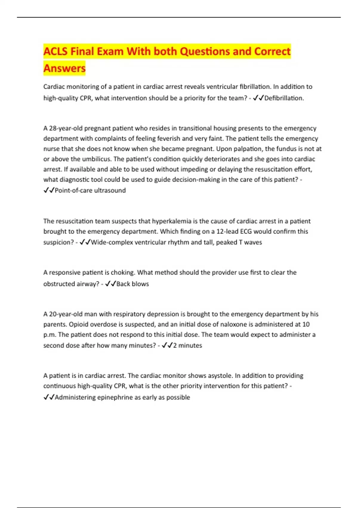ACLS Final Exam With both Questions and Correct Answers - ACLS - Stuvia US