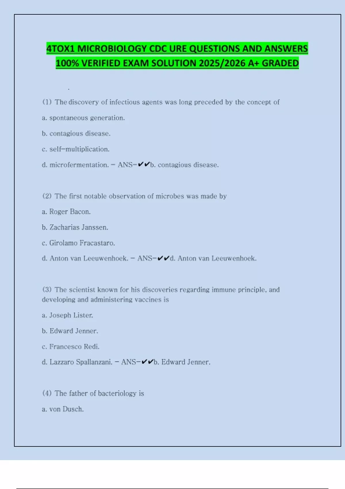 4TOX1 MICROBIOLOGY CDC URE QUESTIONS AND ANSWERS 100% VERIFIED EXAM ...