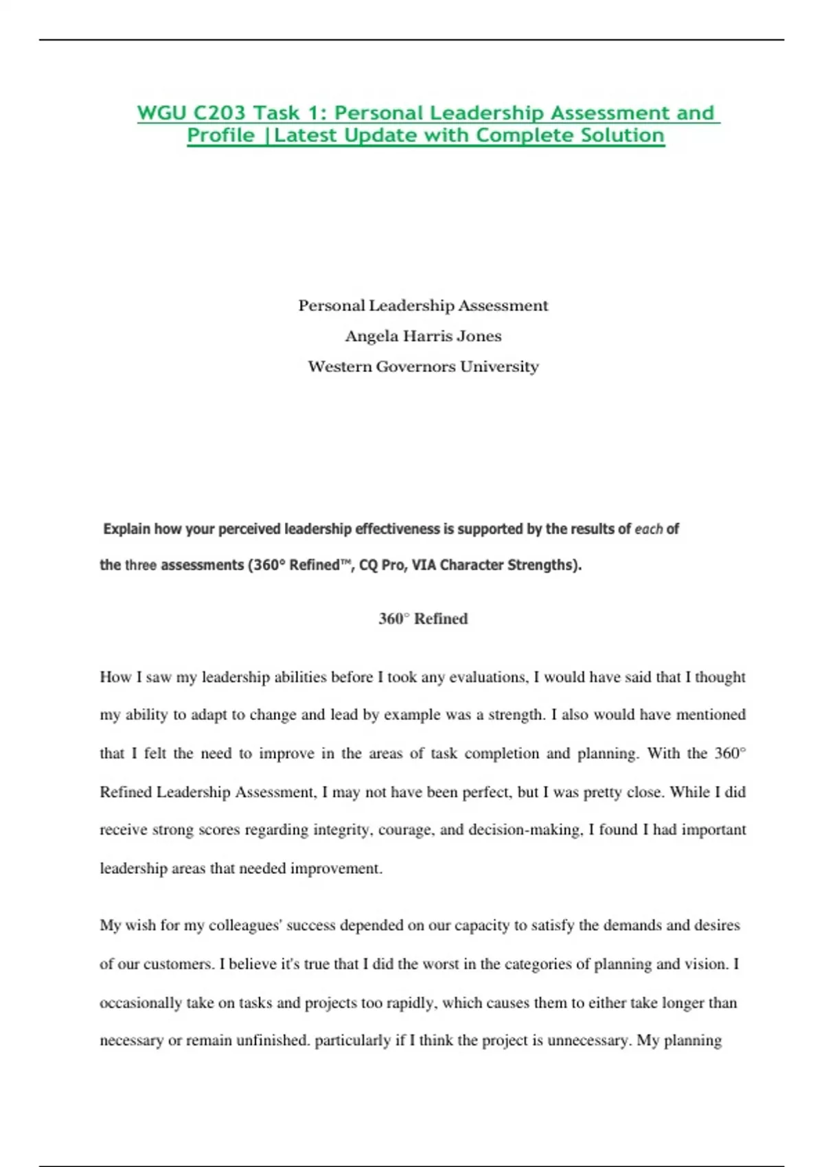 WGU C203 Task 1: Personal Leadership Assessment and Profile |Latest ...