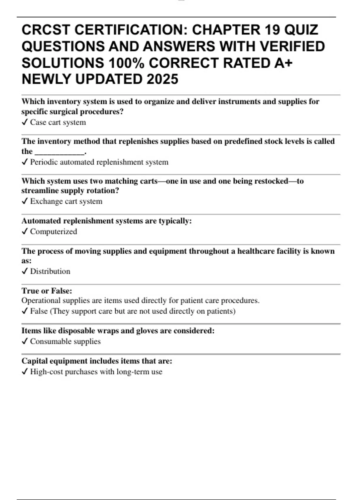 CRCST CERTIFICATION: CHAPTER 19 QUIZ QUESTIONS AND ANSWERS WITH ...