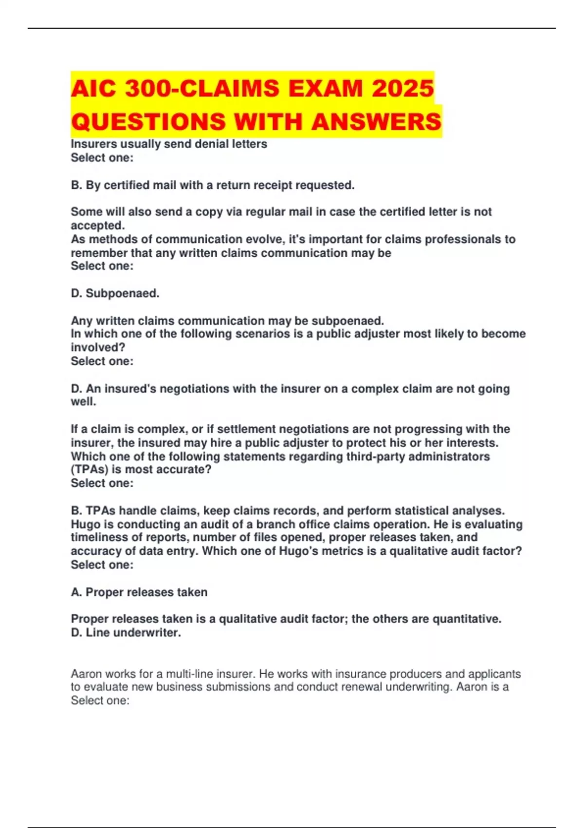 AIC 300-CLAIMS EXAM 2025 QUESTIONS WITH ANSWERS - AIC 300-CLAIMS ...