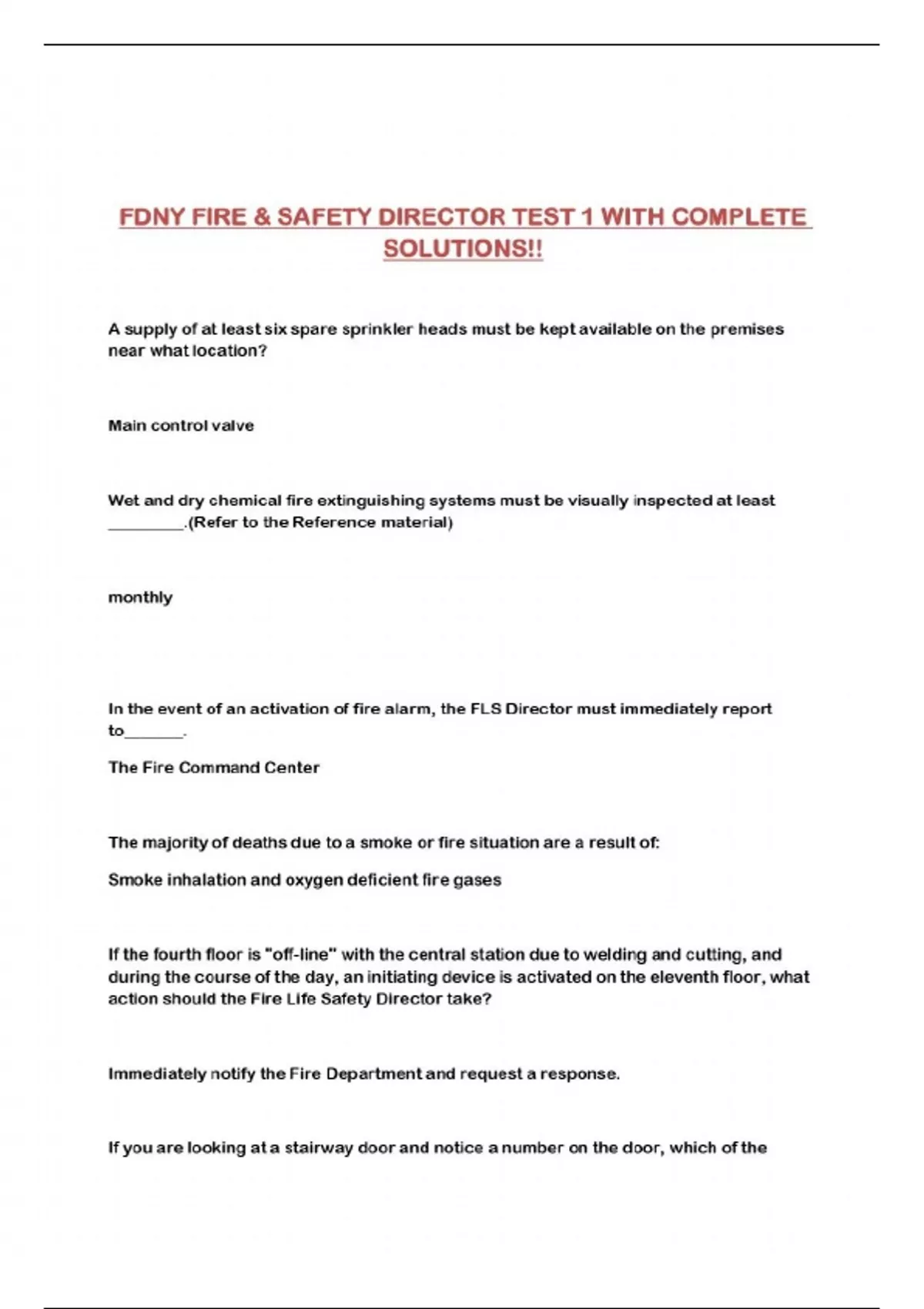 FDNY FIRE & SAFETY DIRECTOR TEST 1 WITH COMPLETE SOLUTIONS!! - FDNY ...