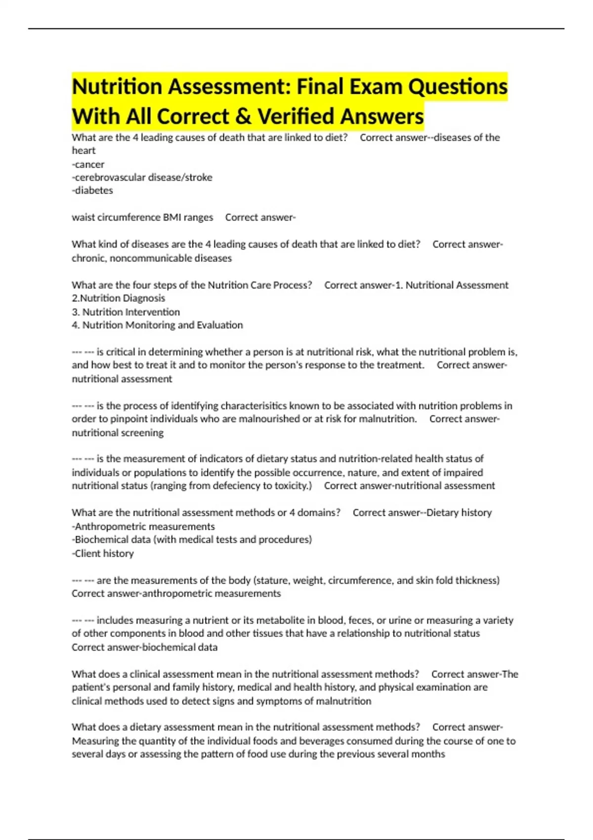 Nutrition Assessment: Final Exam Questions With All Correct & Verified ...