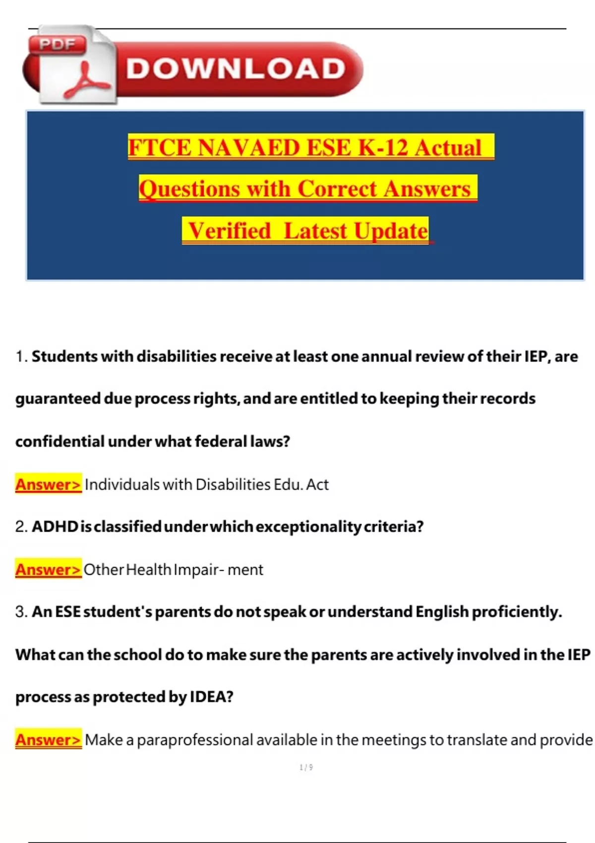 FTCE NAVAED ESE K-12 Actual 2025 Questions with 100% Correct Answers ...