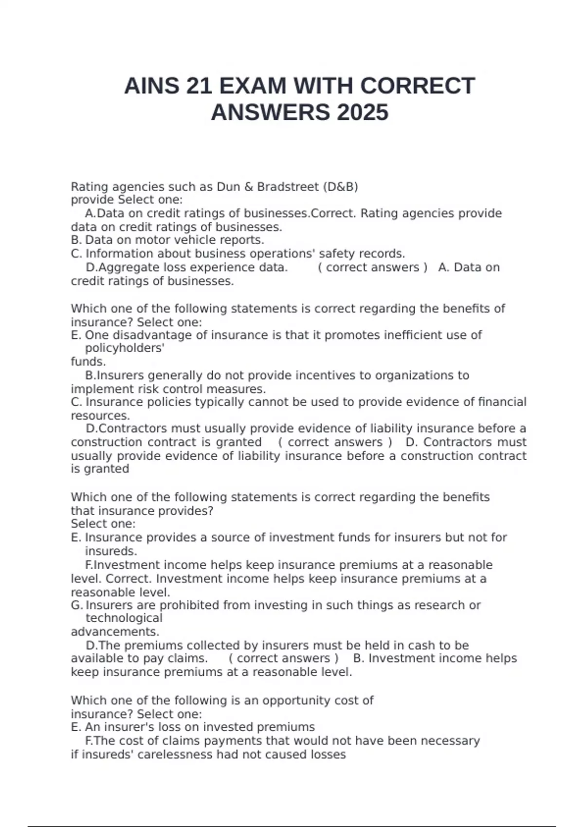 AINS 21 EXAM WITH CORRECT ANSWERS 2025 - AINS 21 EXA - Stuvia US