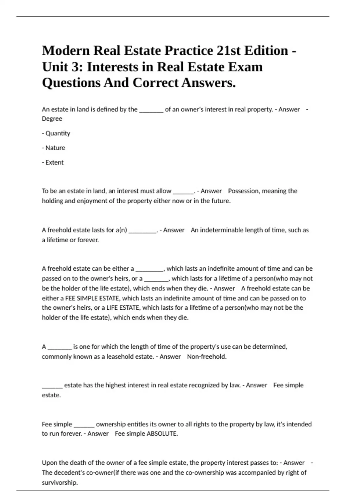 Modern Real Estate Practice 21st Edition - Unit 3: Interests in Real ...