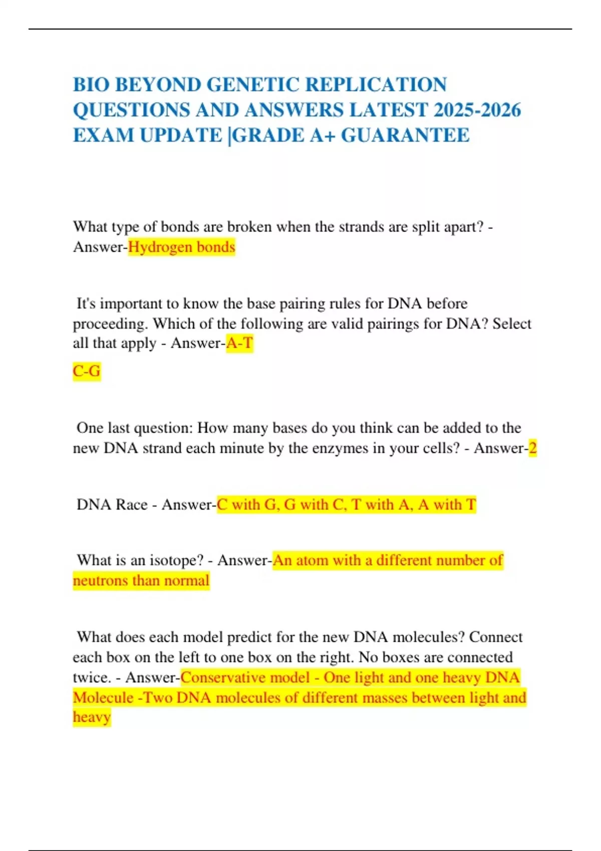 BIO BEYOND GENETIC REPLICATION QUESTIONS AND ANSWERS LATEST EXAM UPDATE ...