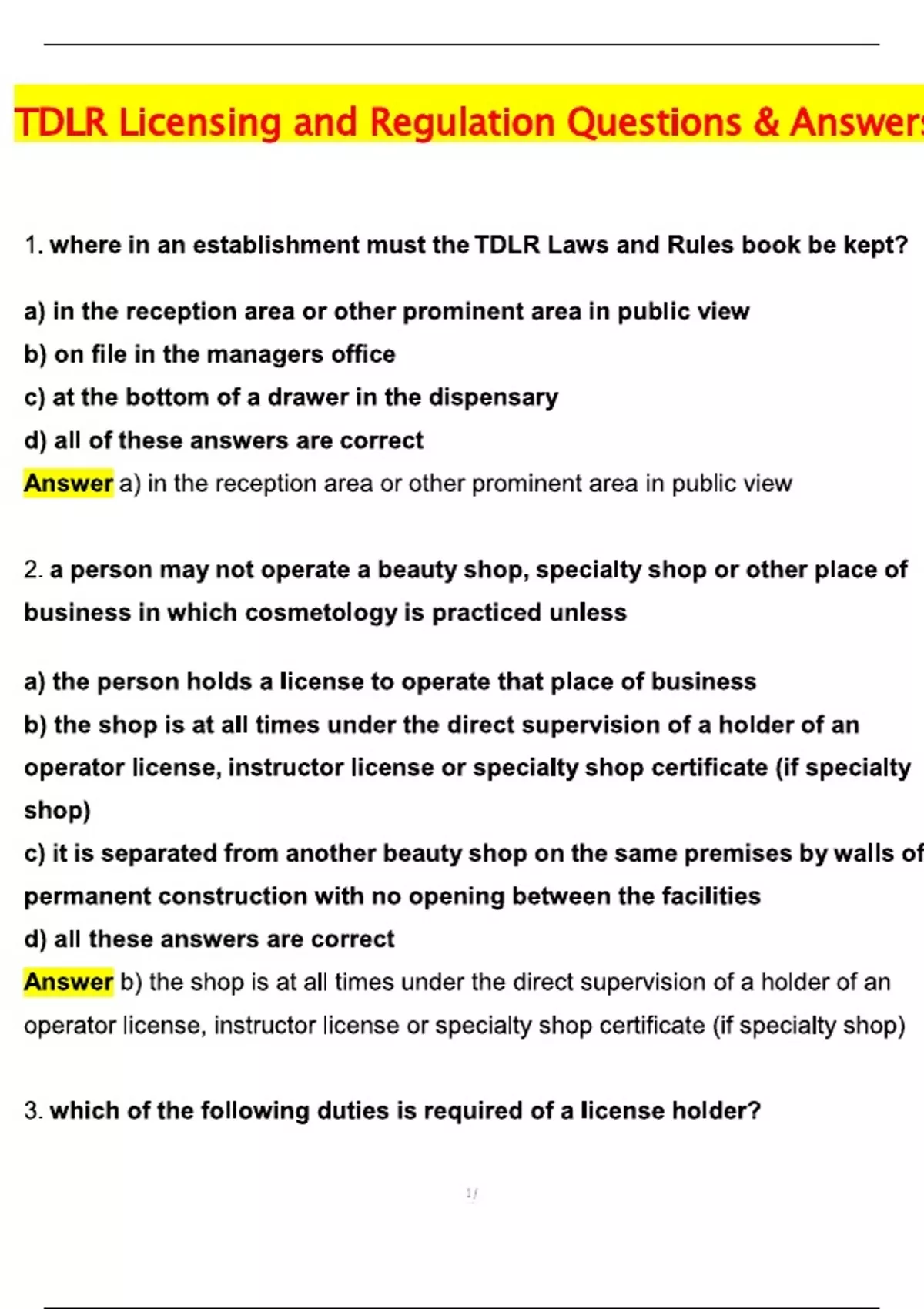 TDLR Licensing and Regulation Exam 2025 Actual with Questions & Answers ...