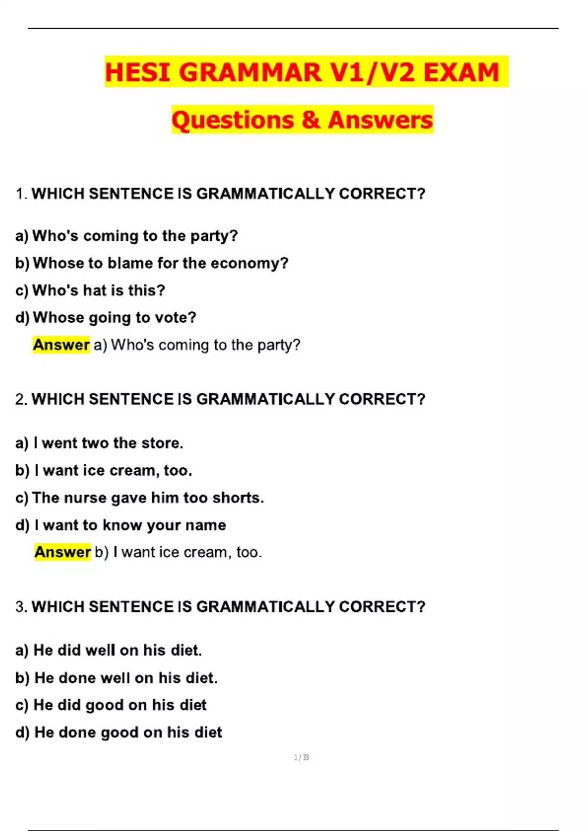 HESI Grammar V1-V2 Exam 2025 Actual Questions & Answers (Latest 2025 / ...