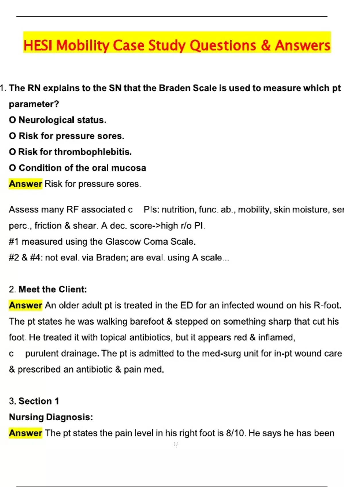 HESI Case Study Mobility Exam 2025 Actual Questions & Answers (Latest ...
