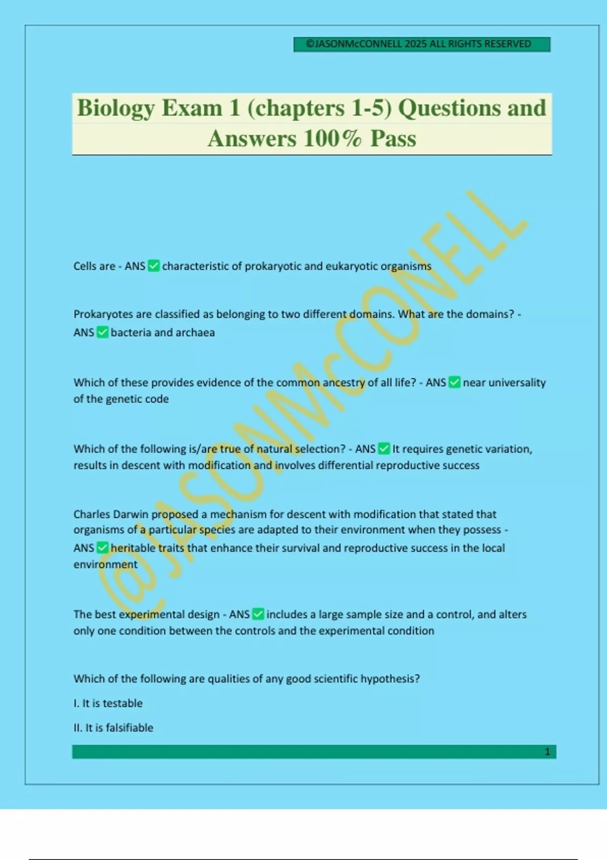 Biology Exam 1 (chapters 1-5) Questions and Answers 100% Pass - Biology ...