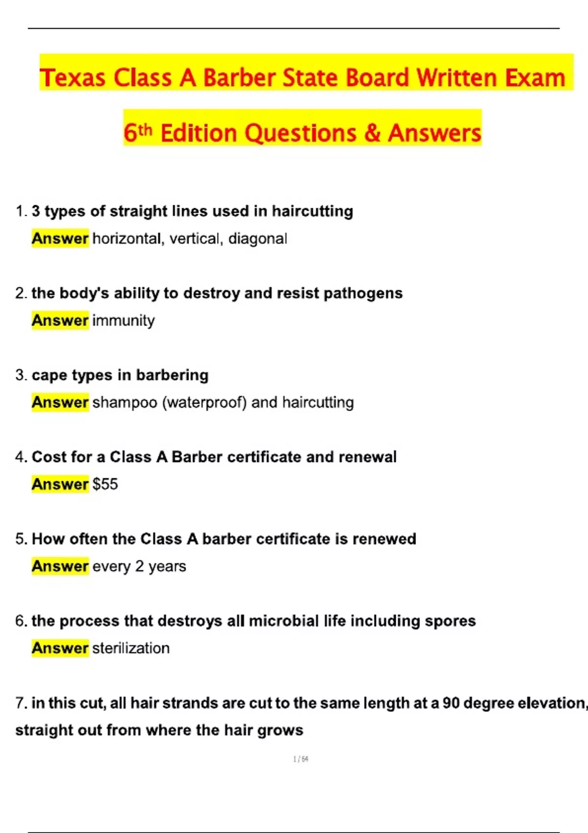 Texas Class A Barber - State Board Written 6th Edition 2025 Actual with ...