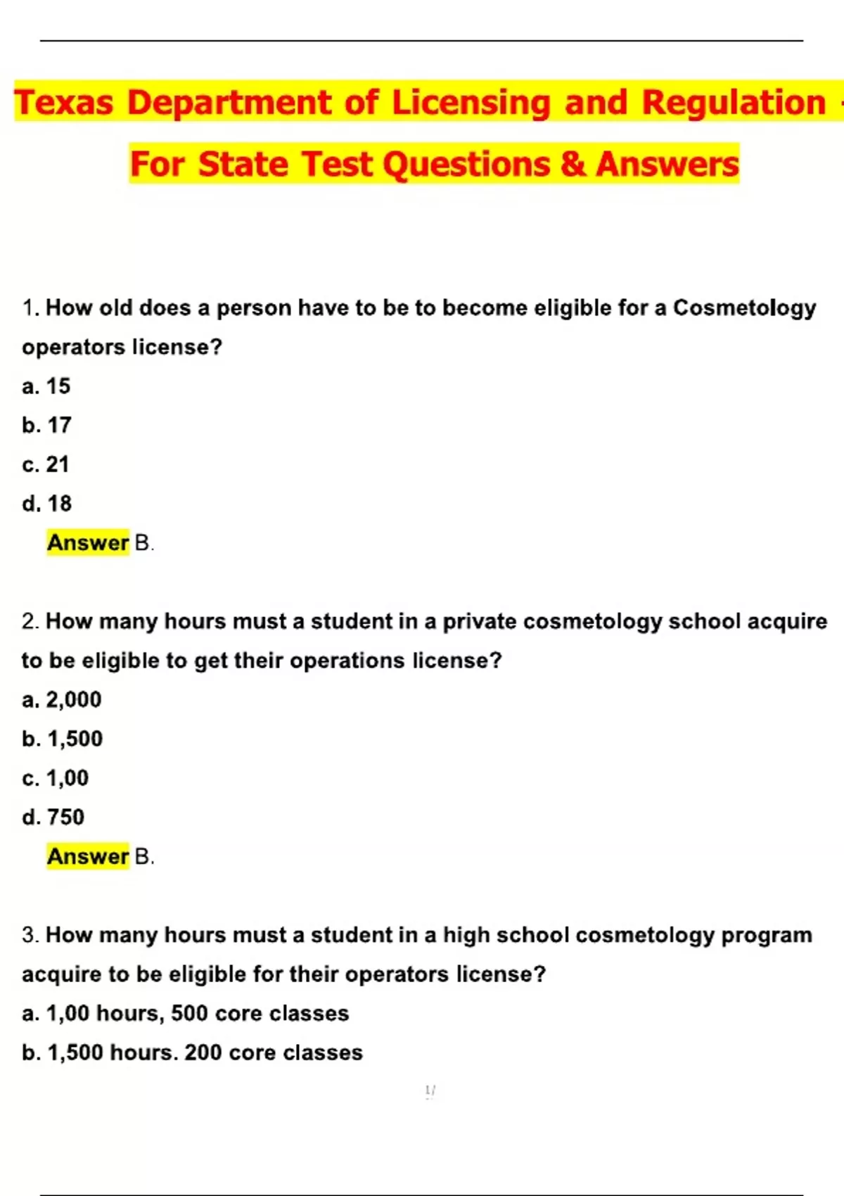 Texas department of Licensing & Regulation - State Test 2025 Actual ...