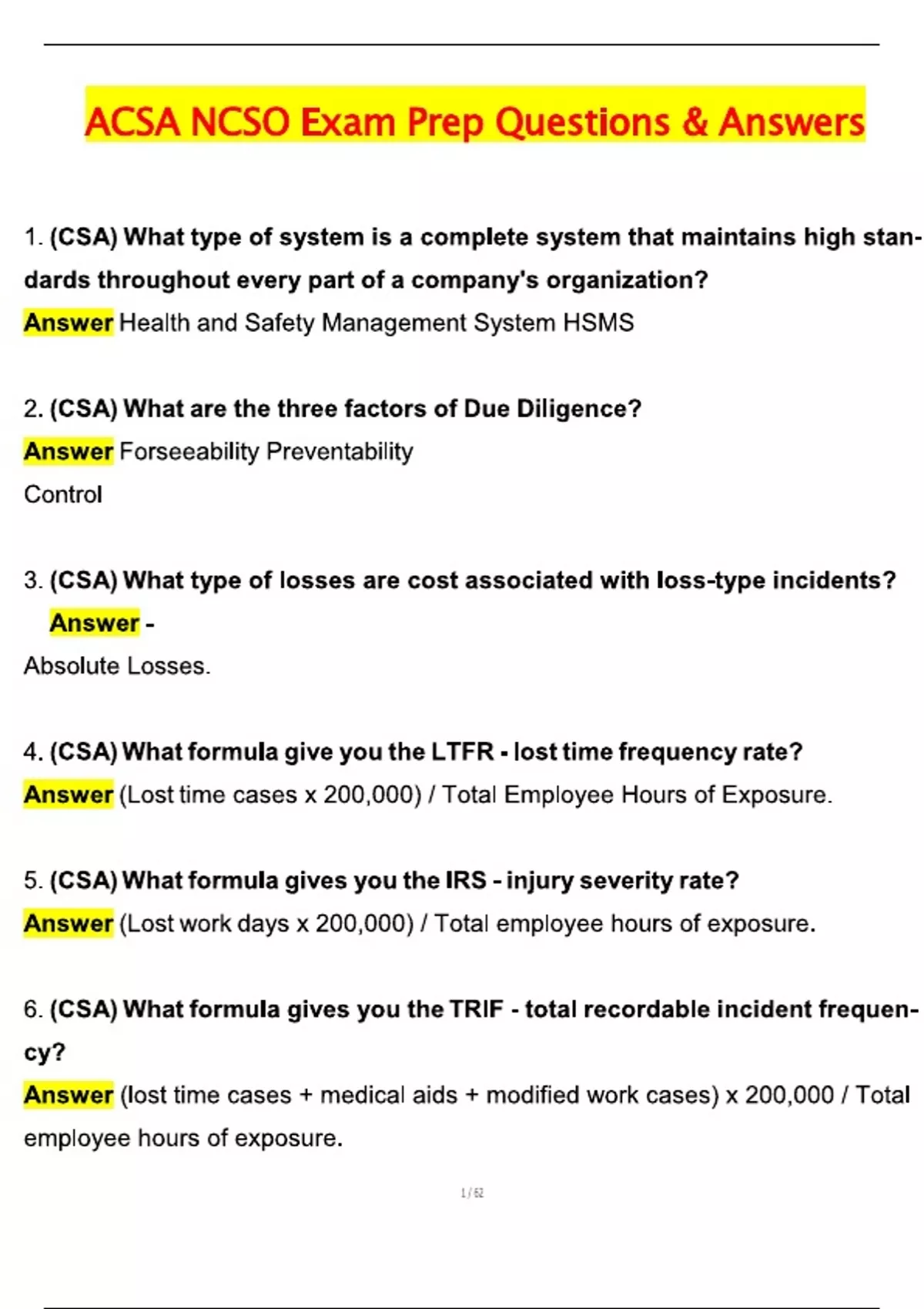 NCSO ACSA NCSO Exam Prep 2025 Actual with Questions & Answers (Latest ...