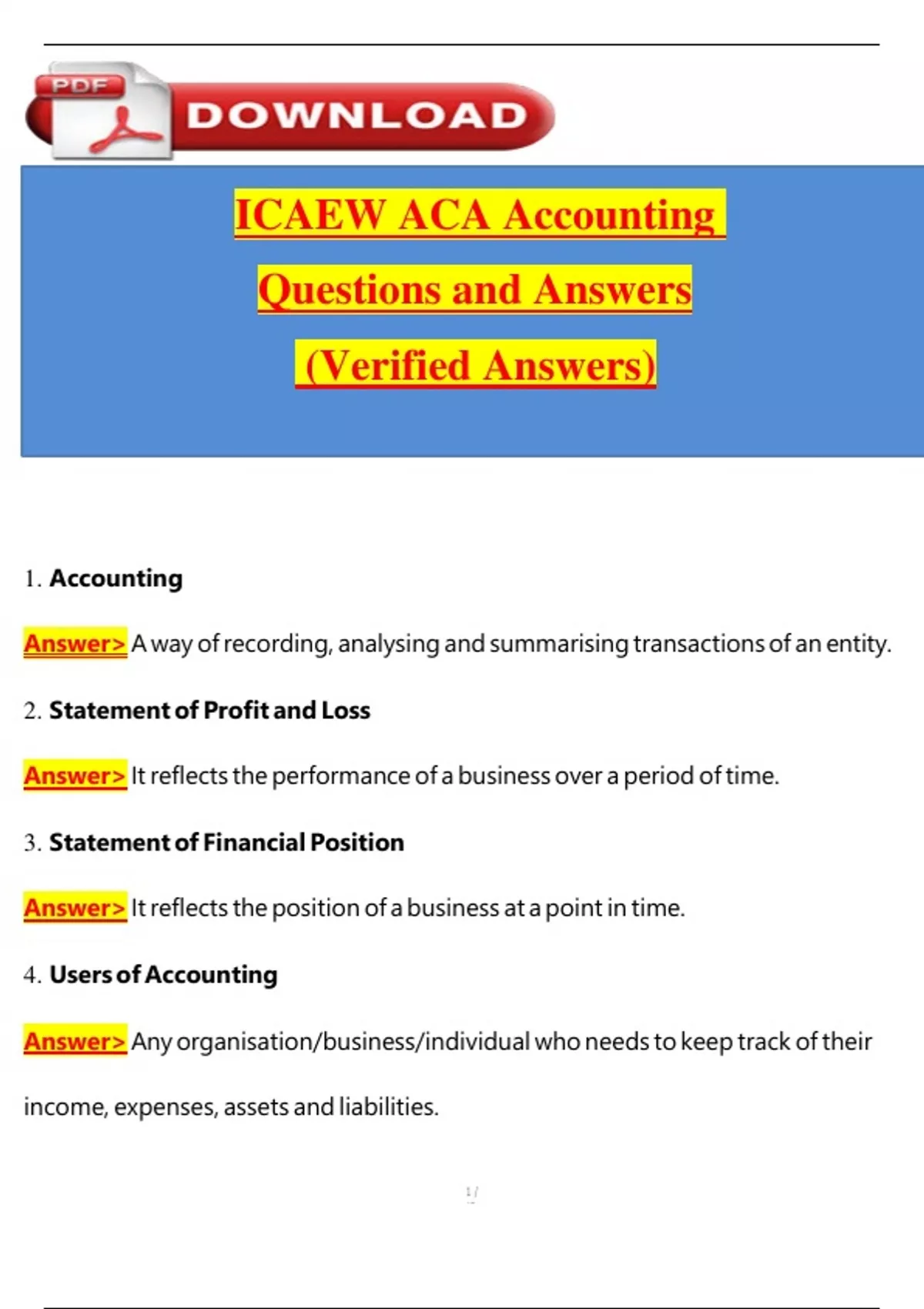 ICAEW ACA Accounting 2025 Questions and Answers (2025 / 2026) (Verified Answers) Updated A+ ...