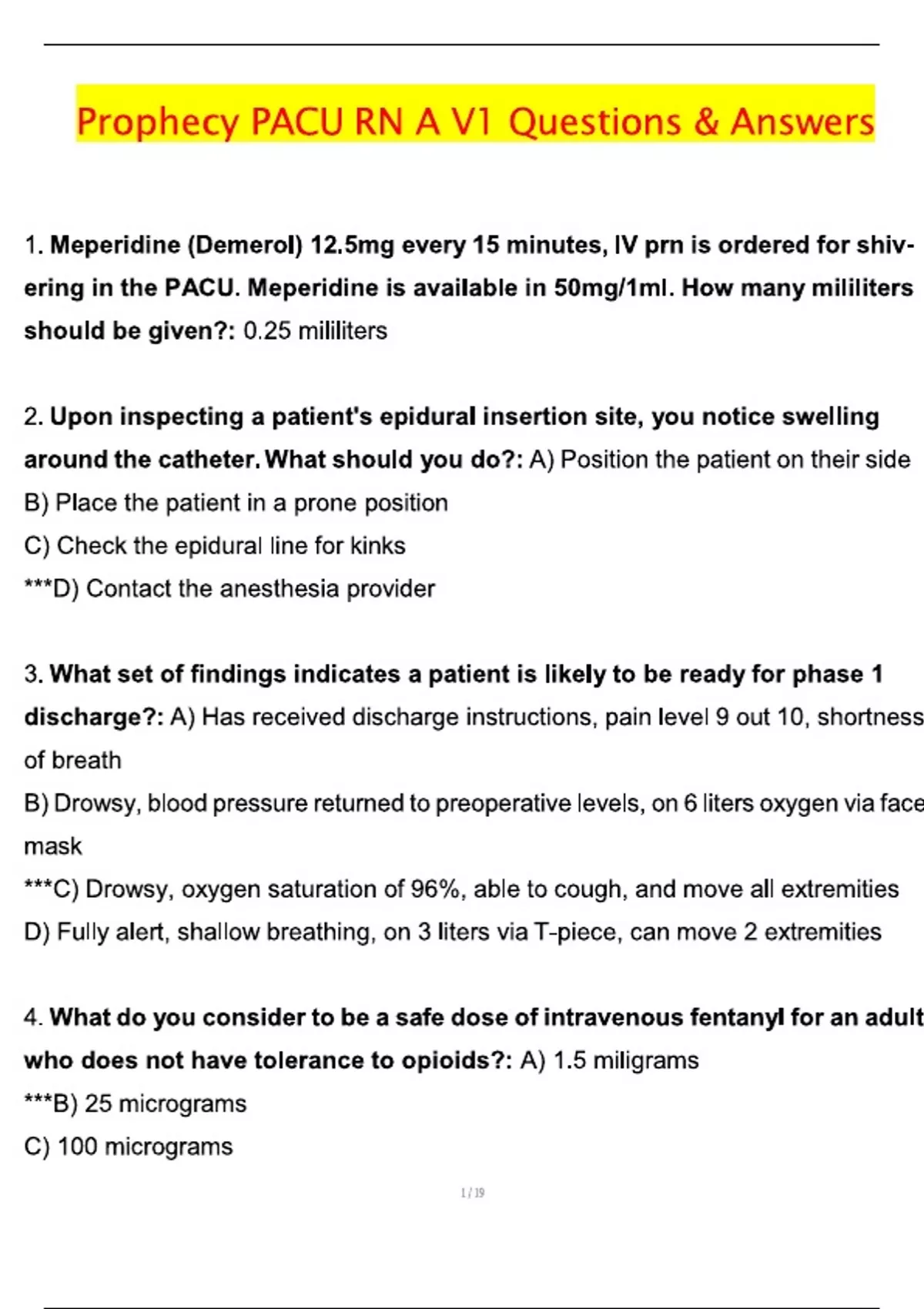 Prophecy PACU RN A V1 Updated 2025 Actual with Questions & Answers ...