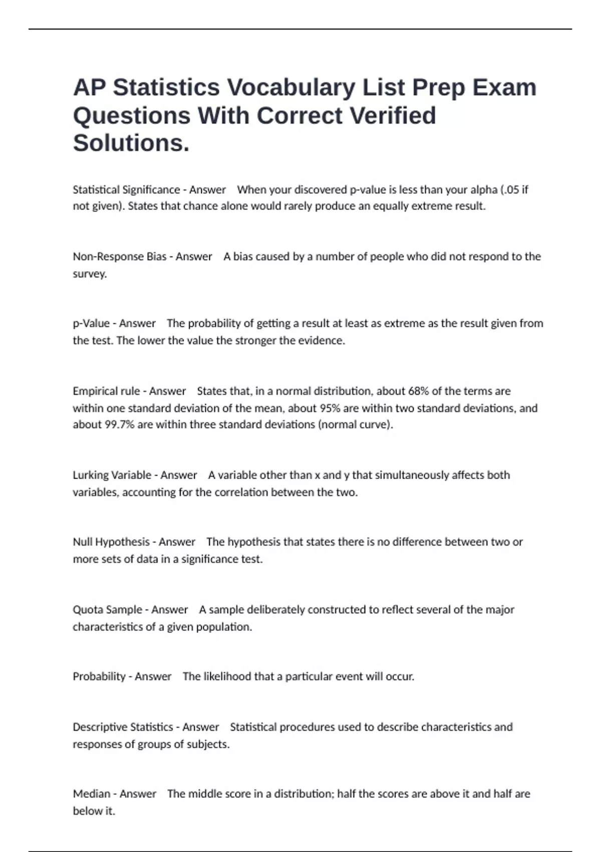 AP Statistics Vocabulary List Prep Exam Questions With Correct Verified ...