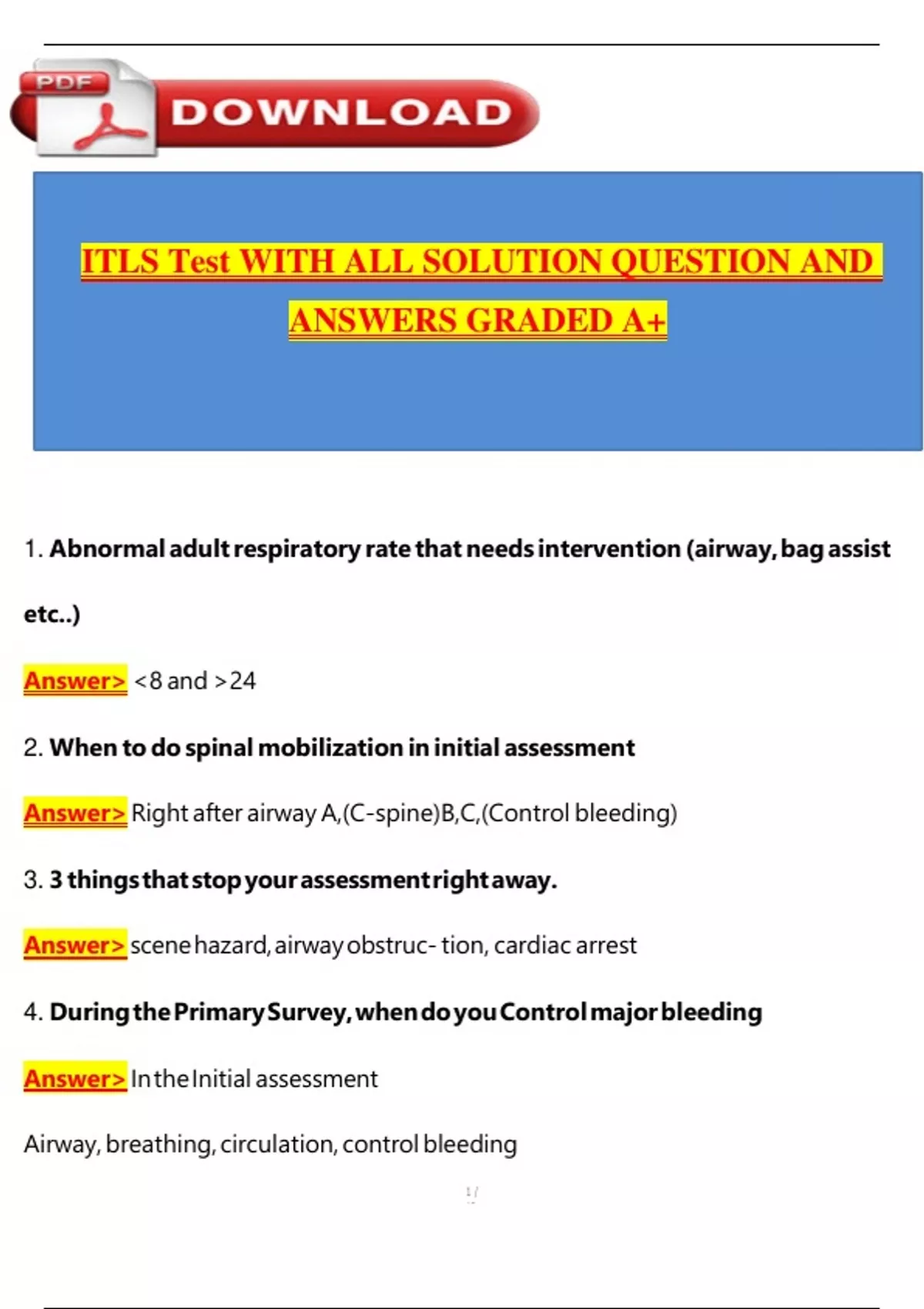 ITLS Test WITH ALL SOLUTION QUESTION AND ANSWERS (2025 / 2026 ...