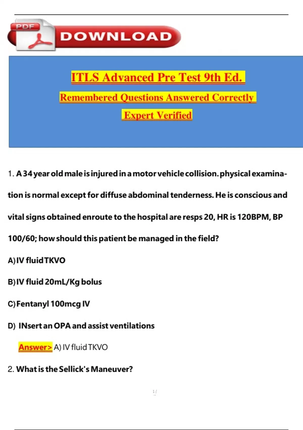 ITLS Advanced Pre Test 9th Ed. Remembered Questions Answered Correctly ...