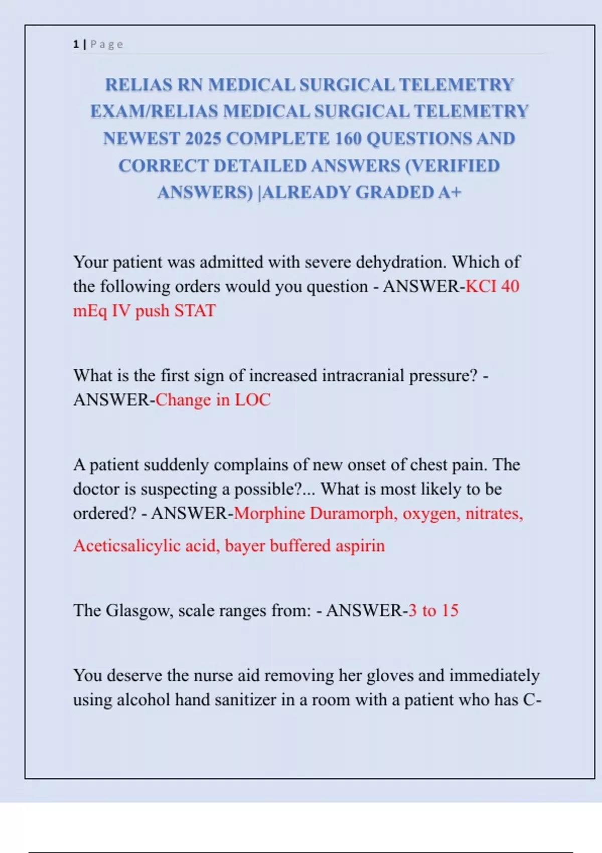 RELIAS RN MEDICAL SURGICAL TELEMETRY EXAM/RELIAS MEDICAL SURGICAL ...