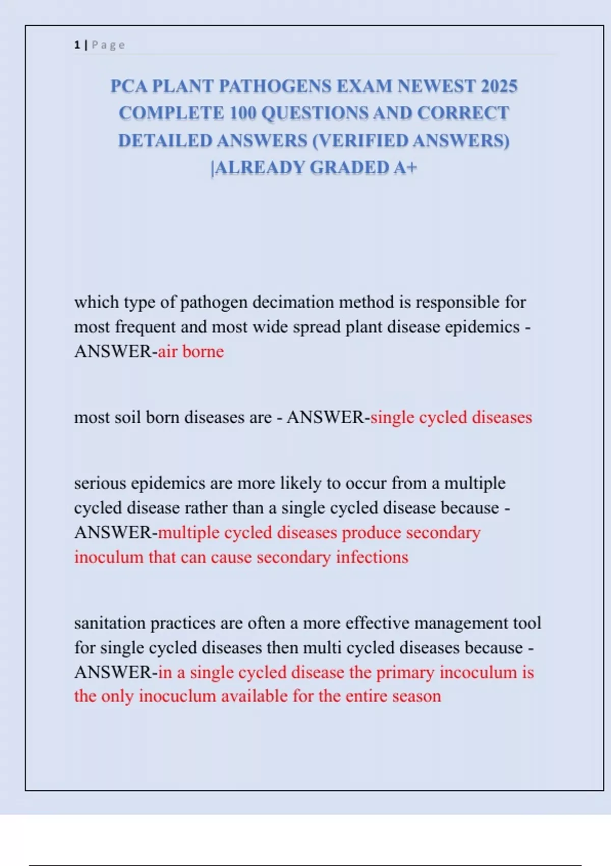 PCA PLANT PATHOGENS EXAM NEWEST 2025 COMPLETE 100 QUESTIONS AND CORRECT ...