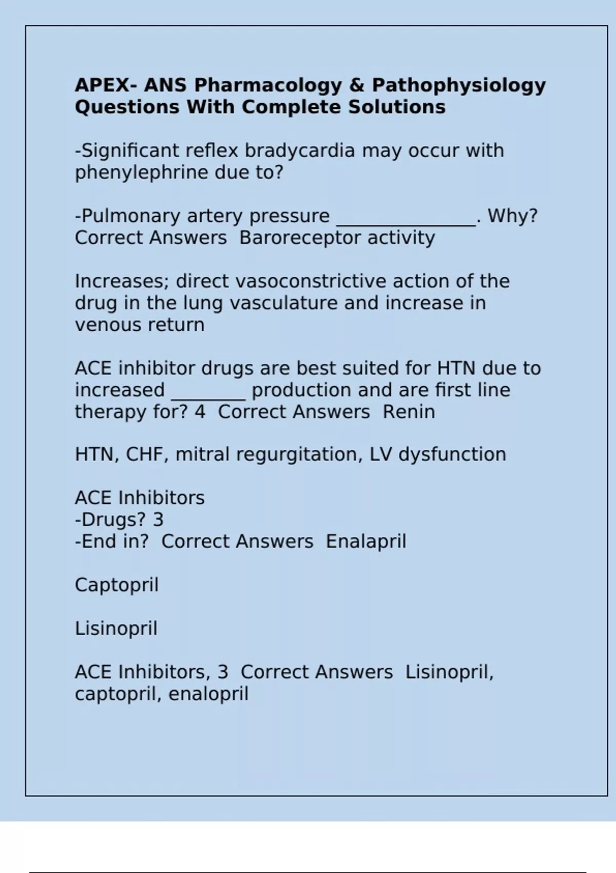 APEX- ANS Pharmacology & Pathophysiology Questions With Complete Solutions - APEX - Stuvia US