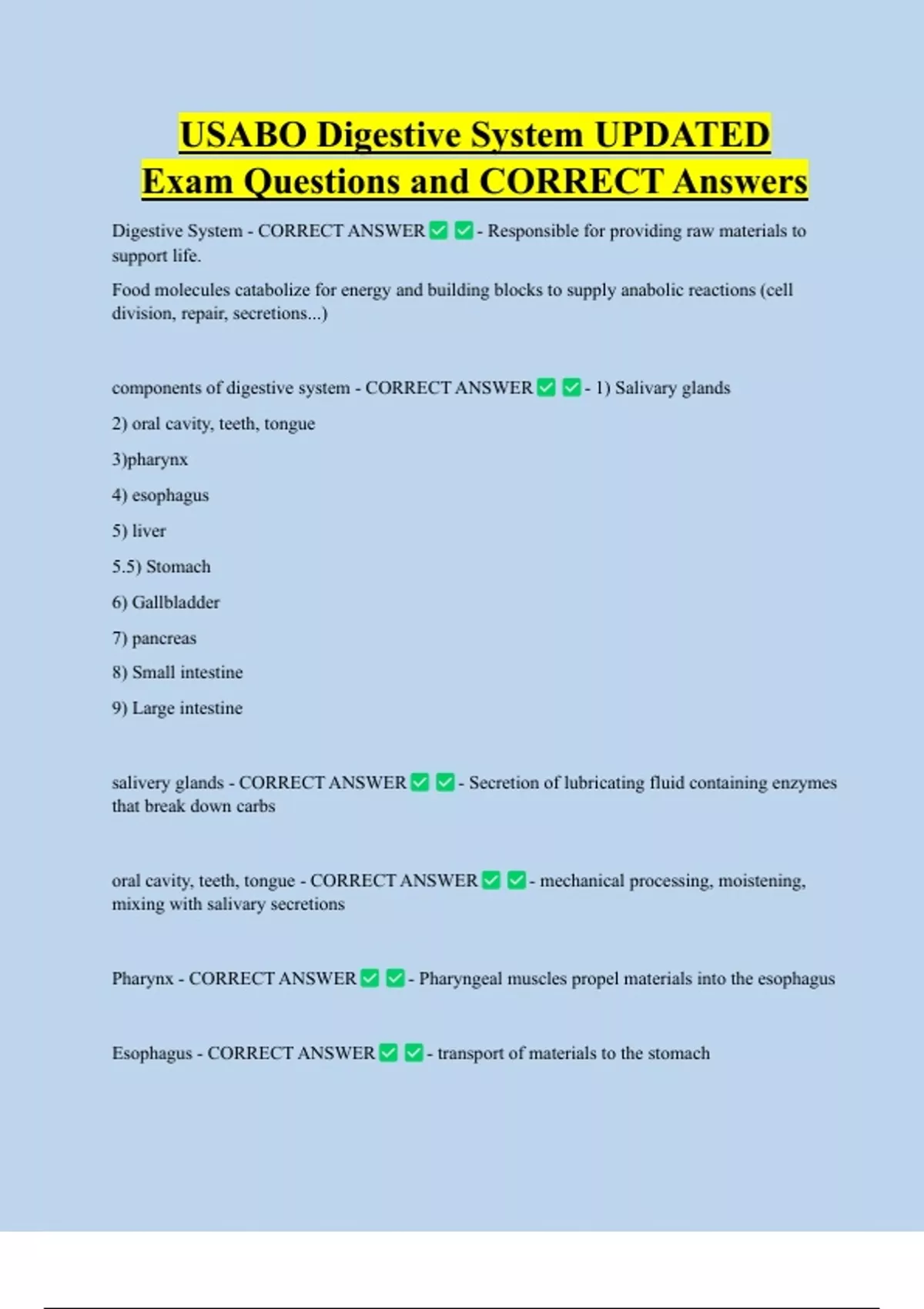 USABO Digestive System UPDATED Exam Questions and CORRECT Answers ...