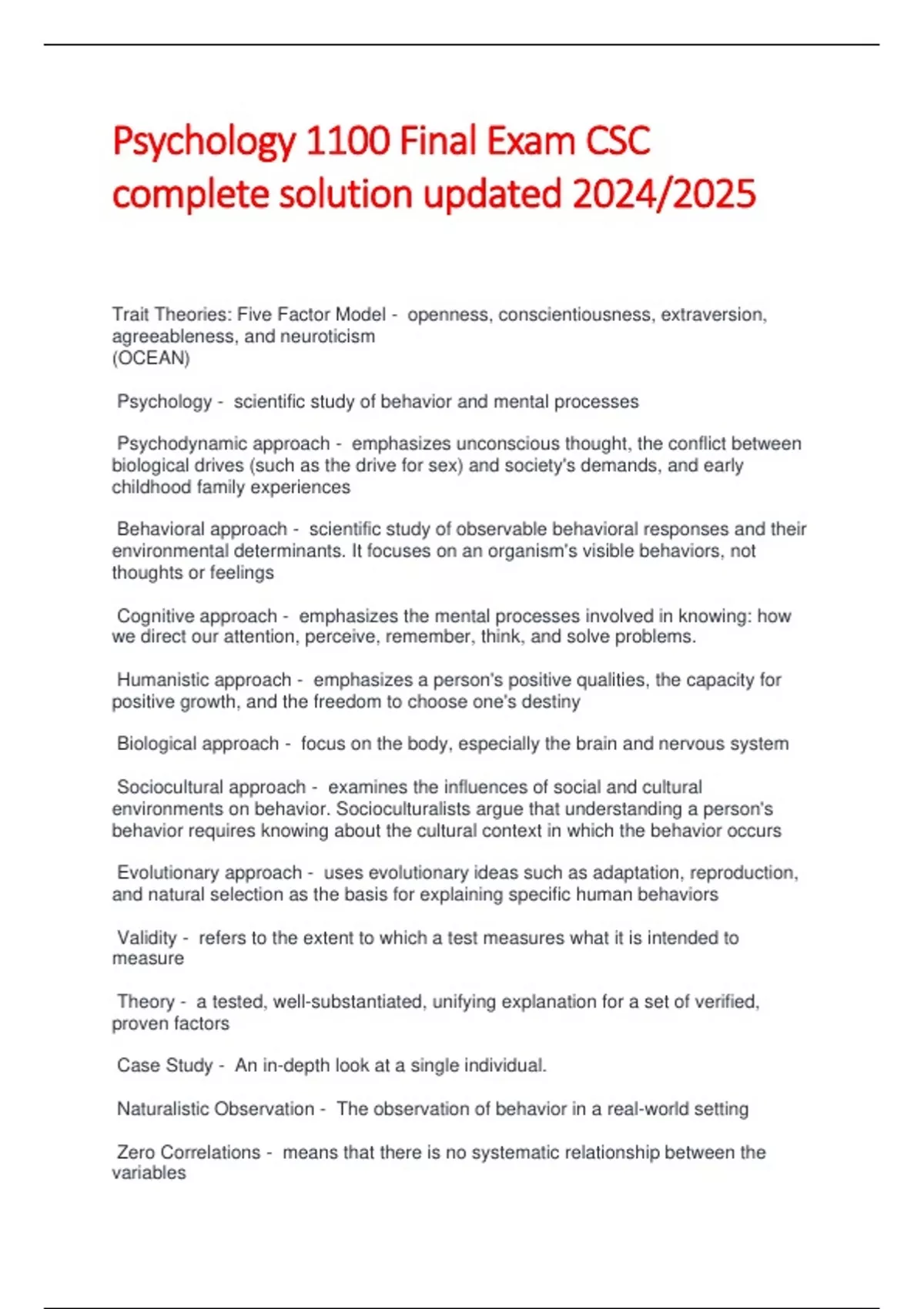 Psychology 1100 Final Exam CSC complete solution updated 2024/2025 ...