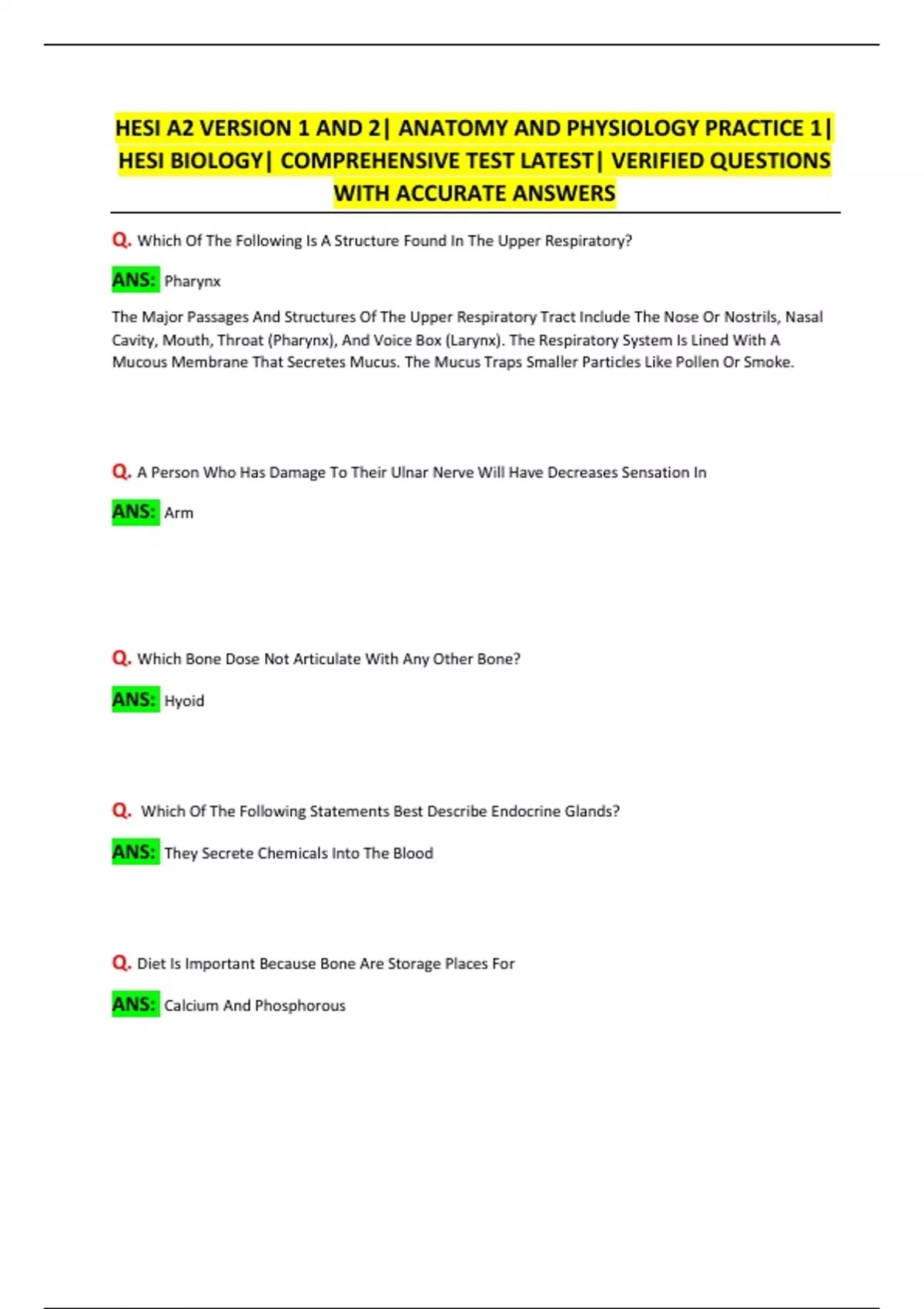 HESI A2 VERSION 1 AND 2| ANATOMY AND PHYSIOLOGY PRACTICE 1| HESI ...