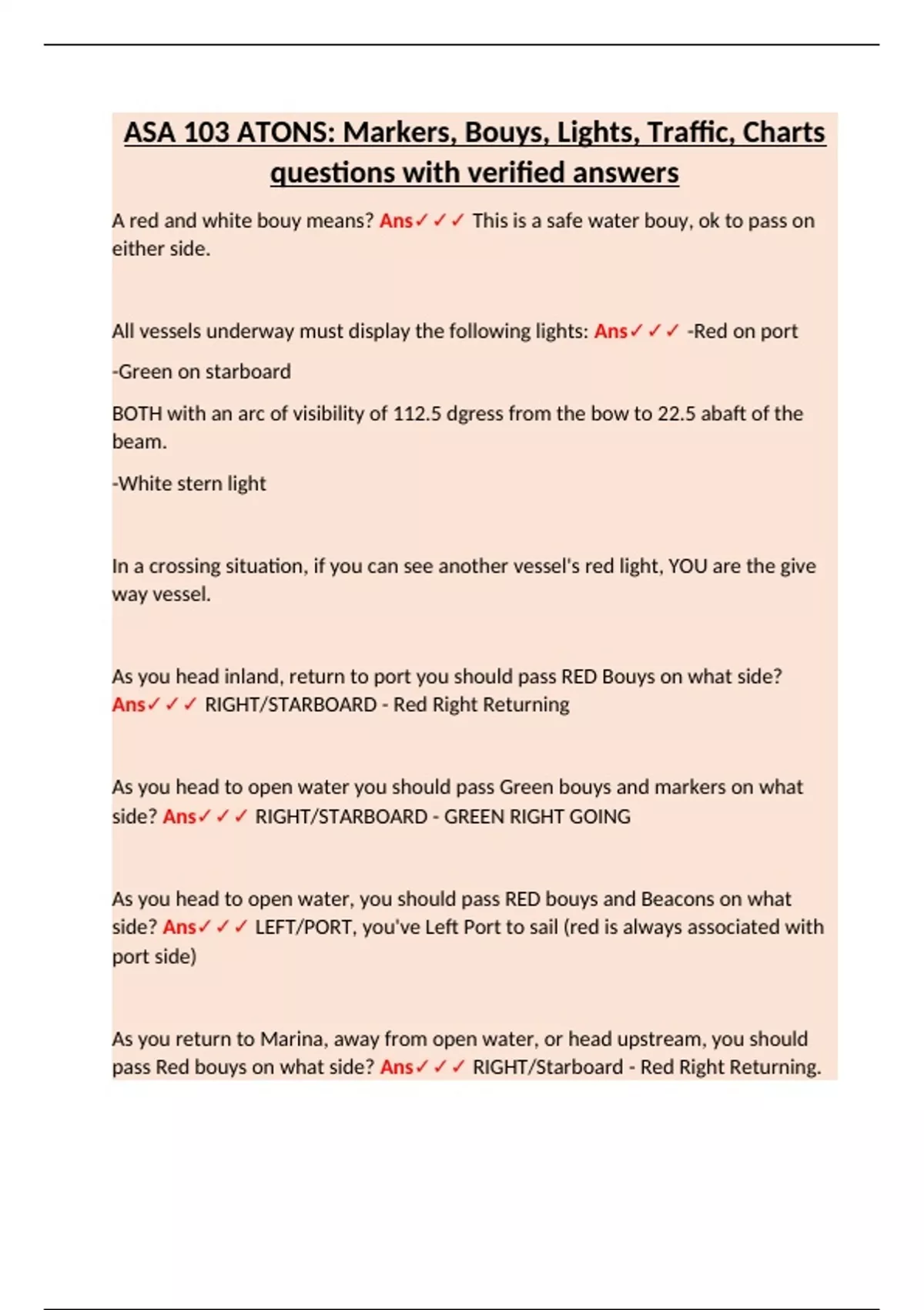 ASA 103 ATONS: Markers, Bouys, Lights, Traffic, Charts questions with ...